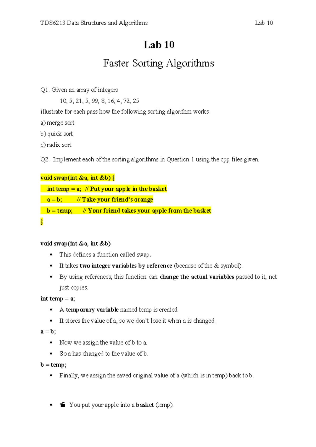TDS6213 Data Structures and Algorithms Lab 10: Faster Sorting ...