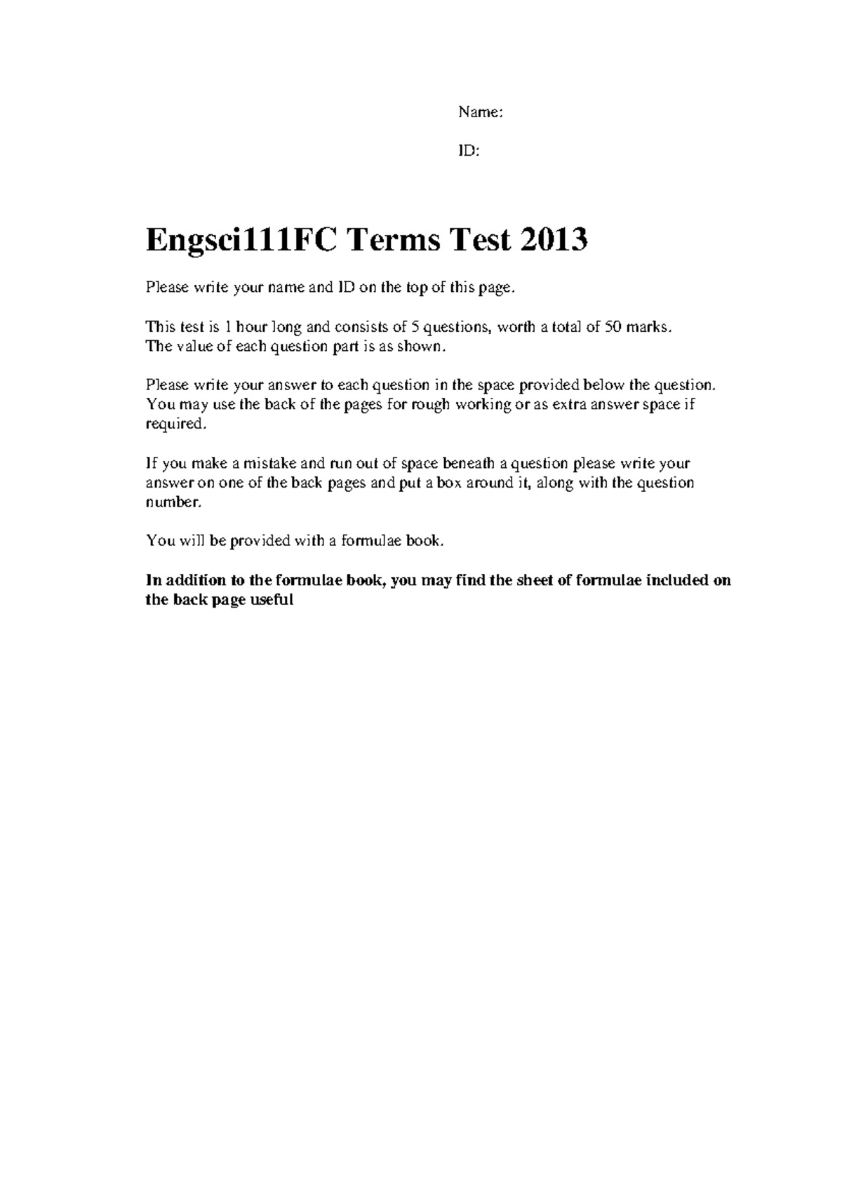 Engsci 111FC 2013 Terms Test - Past Paper Review - Studocu