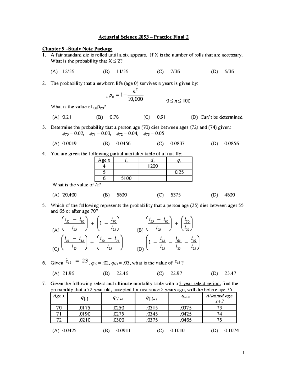 Actuarial Science 2053 Practice Final 2 Chapter 9 & 10 Notes - Studocu