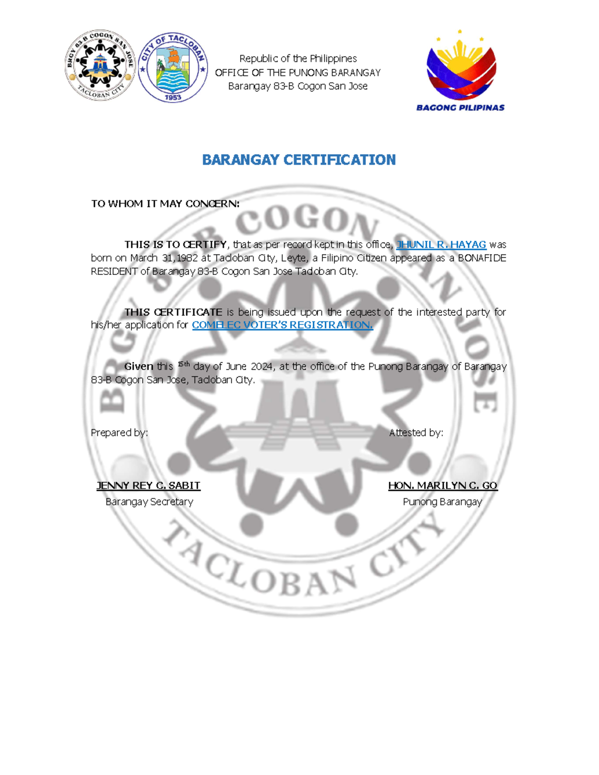 Hayag - BARANGAY OFFICIALS INFORMATION SHEET - BARANGAY CERTIFICATION ...