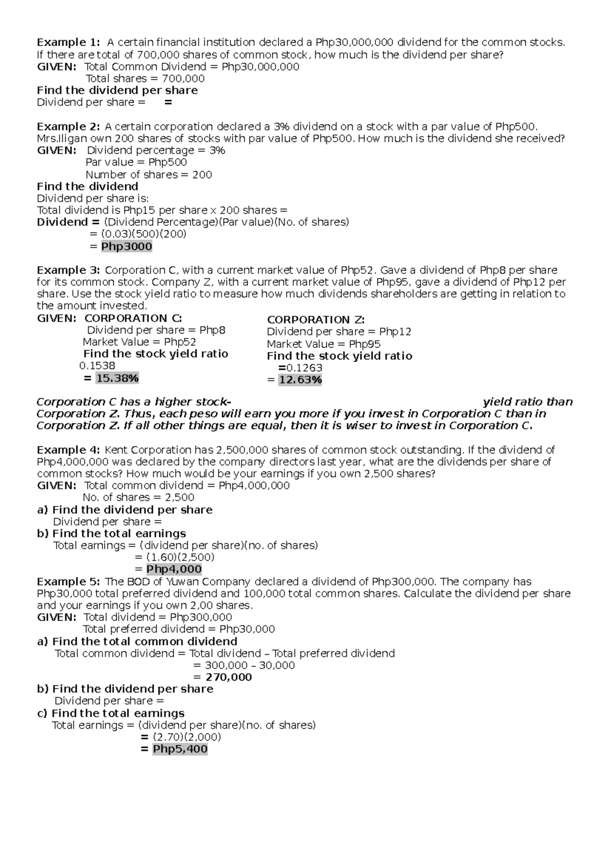 General Math: Stocks Dividend Examples and Calculations - Studocu