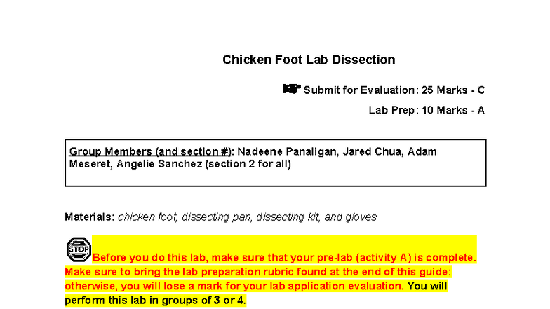 Unit 13 Chicken Foot Lab Dissection Guide (TPJ3M1) - Studocu