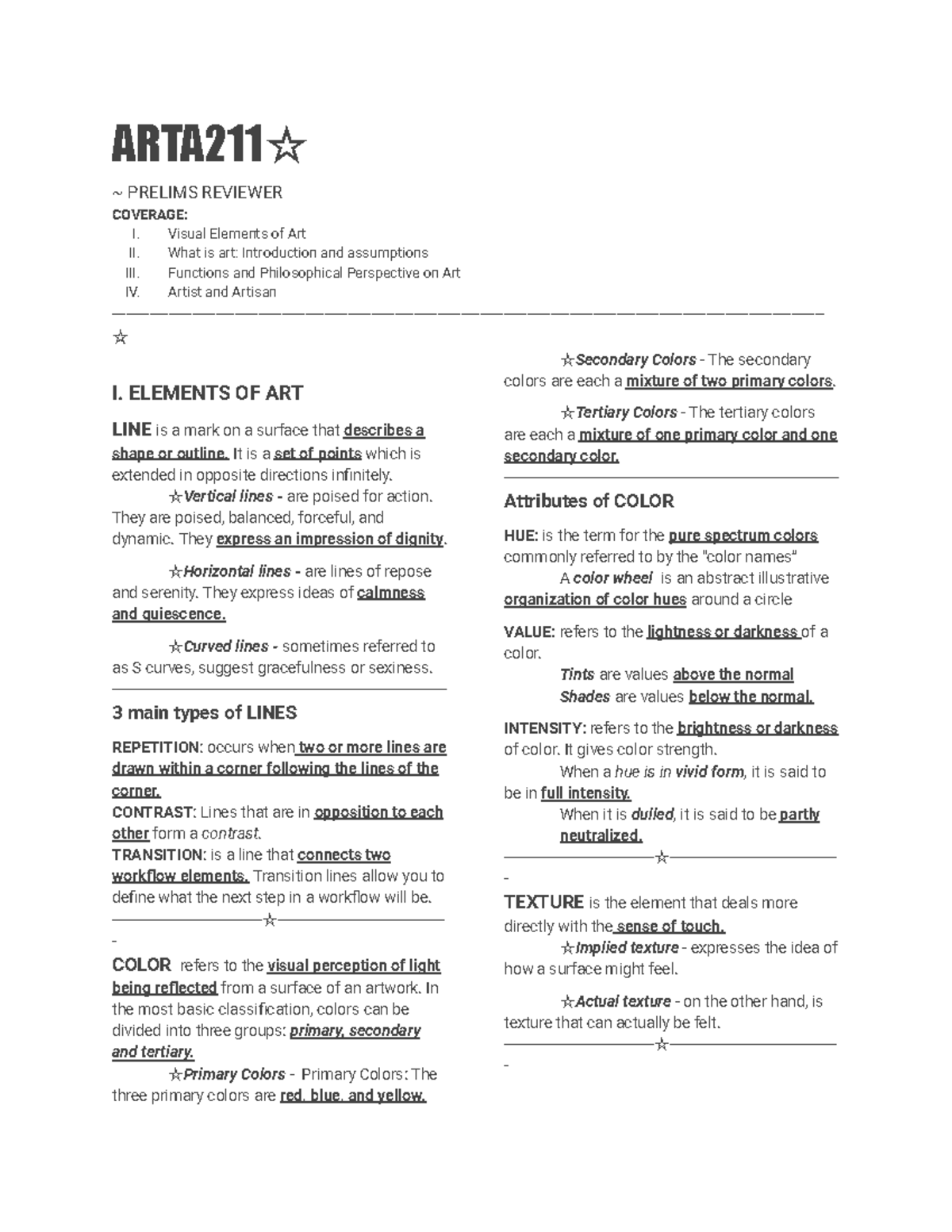ARTA211 - Reviewer of Art Appreciation - ARTA211☆ ~ PRELIMS REVIEWER COVERAGE: I. Visual ...