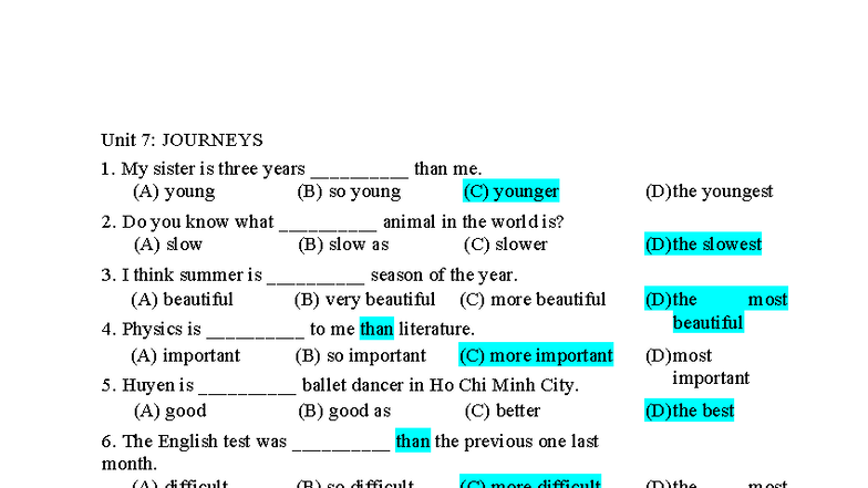 Unit 7: JOURNEYS - Comparative and Superlative Exercises - Studocu
