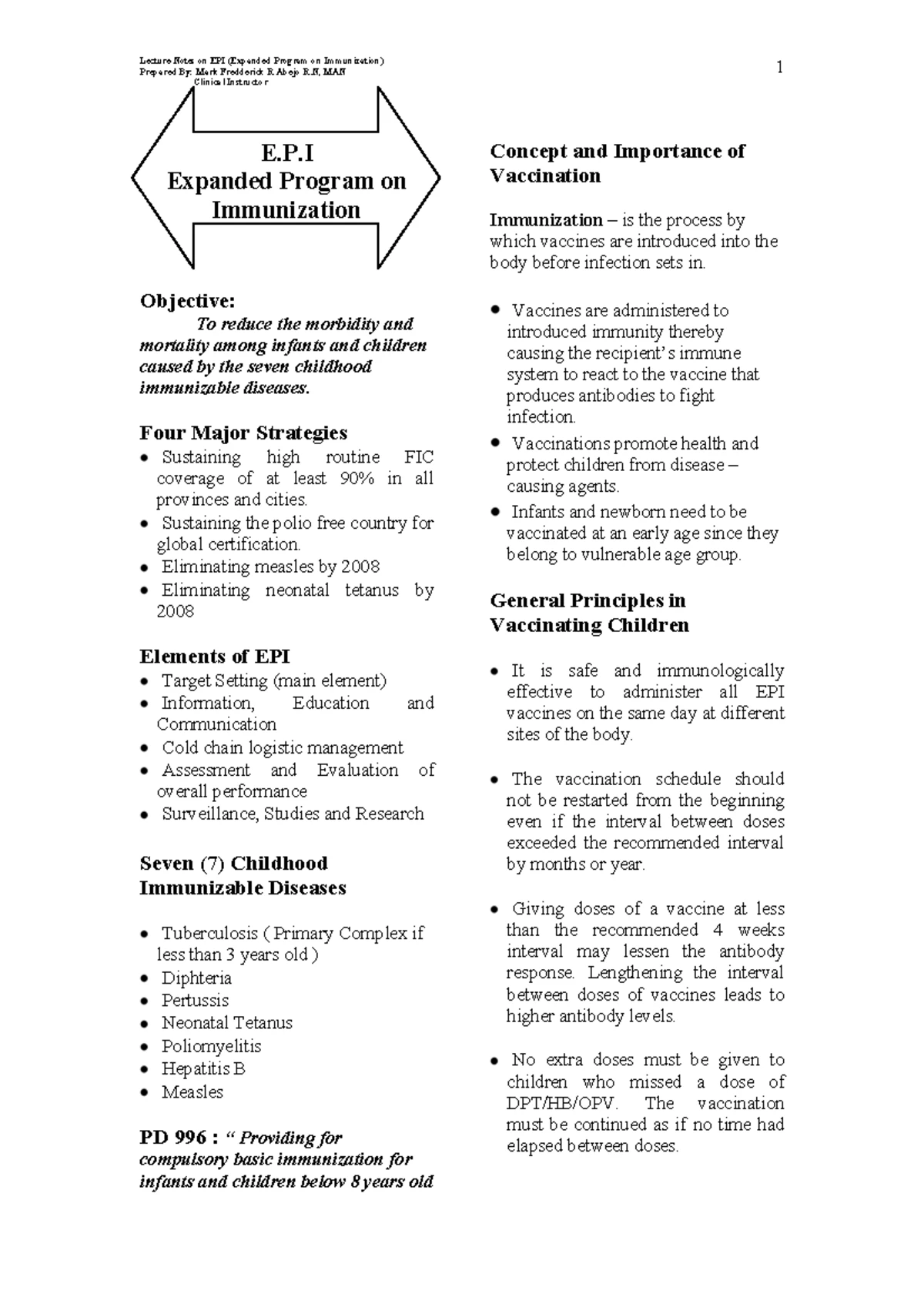 EPI Immunization Strategies and Guidelines - Vaccine Handouts - Studocu