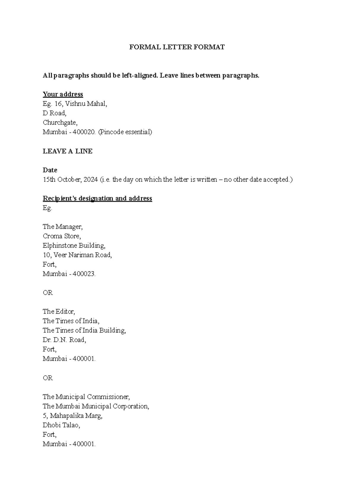 Formal Letter Format Guidelines for Effective Communication - Studocu