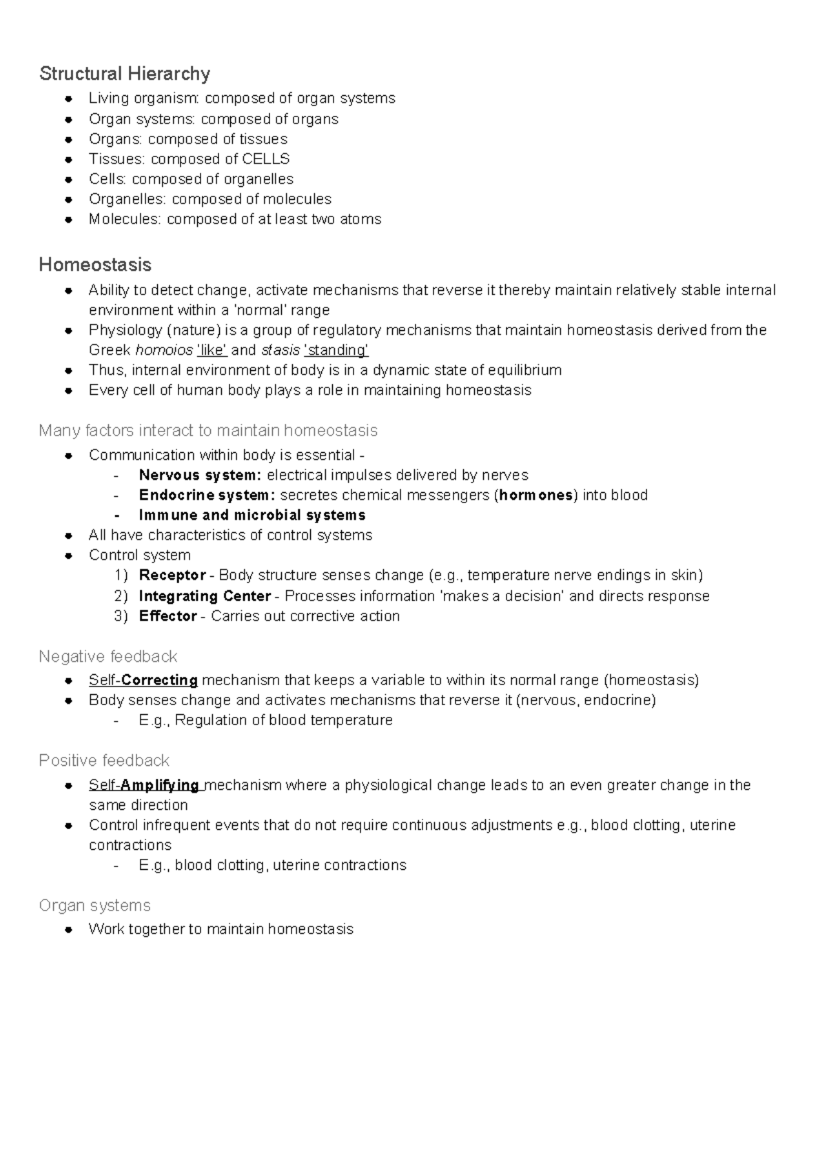 WEEK 1 - Human Body - Bio Notes on Structural Hierarchy & Homeostasis ...
