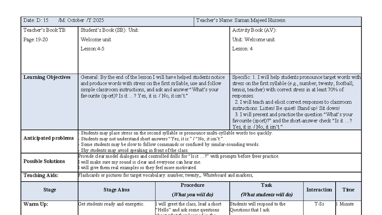 Lesson Plan: Welcome Unit - Group B (15-10-2025) - Studocu