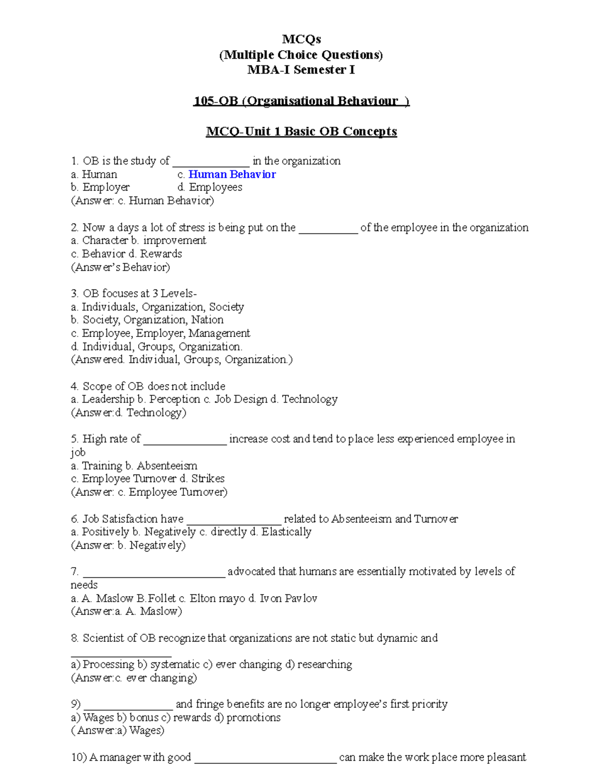 1 MCQ-OB Unit 1 - OB Concepts 85 Questions - MCQs (Multiple Choice Questions) MBA-I Semester I ...