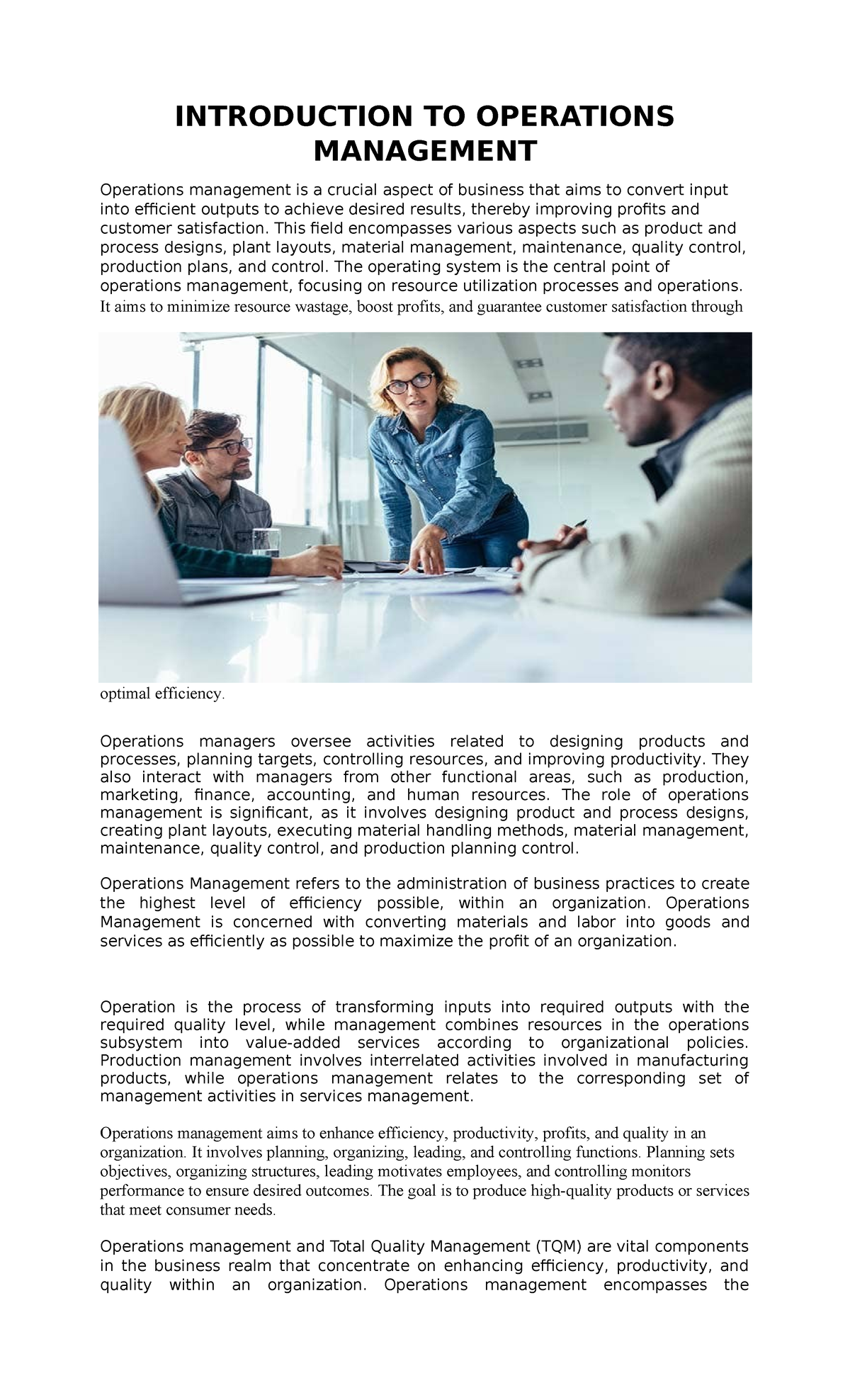 Introduction TO Operations Management - INTRODUCTION TO OPERATIONS MANAGEMENT Operations ...