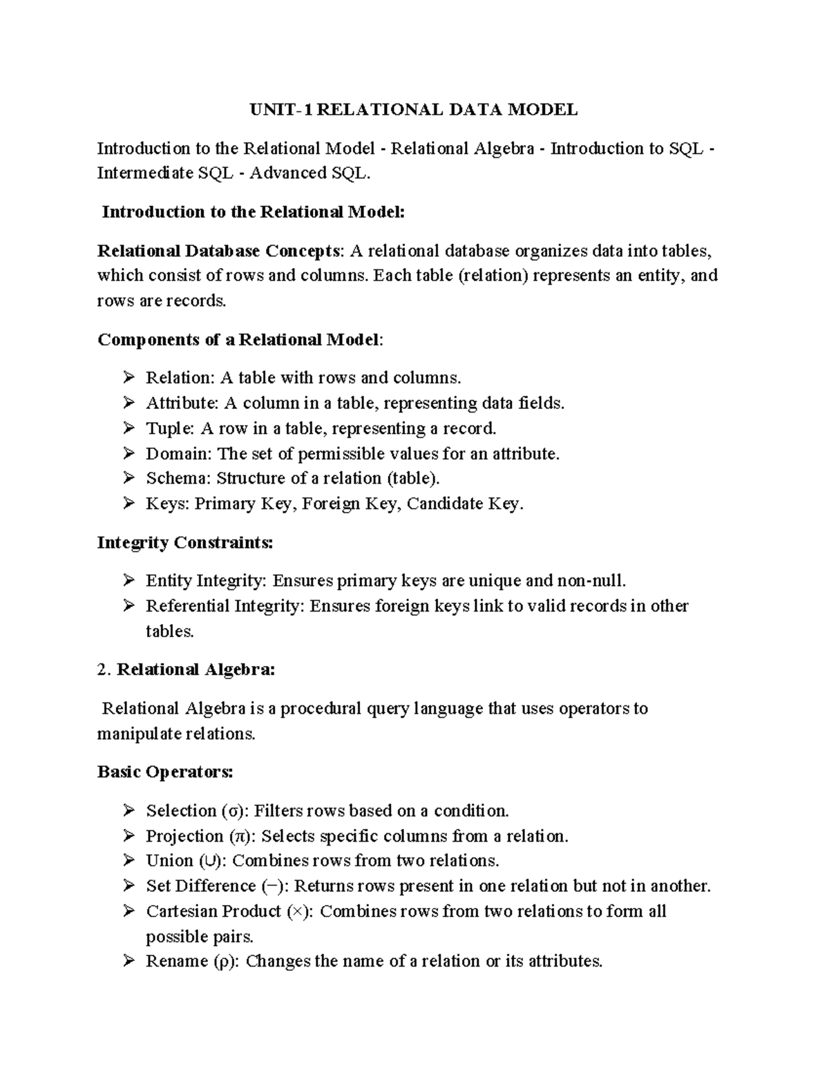 Uinit 1 DB - query language - UNIT-1 RELATIONAL DATA MODEL Introduction to the Relational Model ...