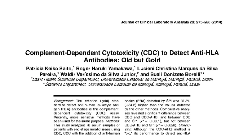 Cytotoxicity (CDC) Assay for Detecting Anti-HLA Antibodies: A Study ...