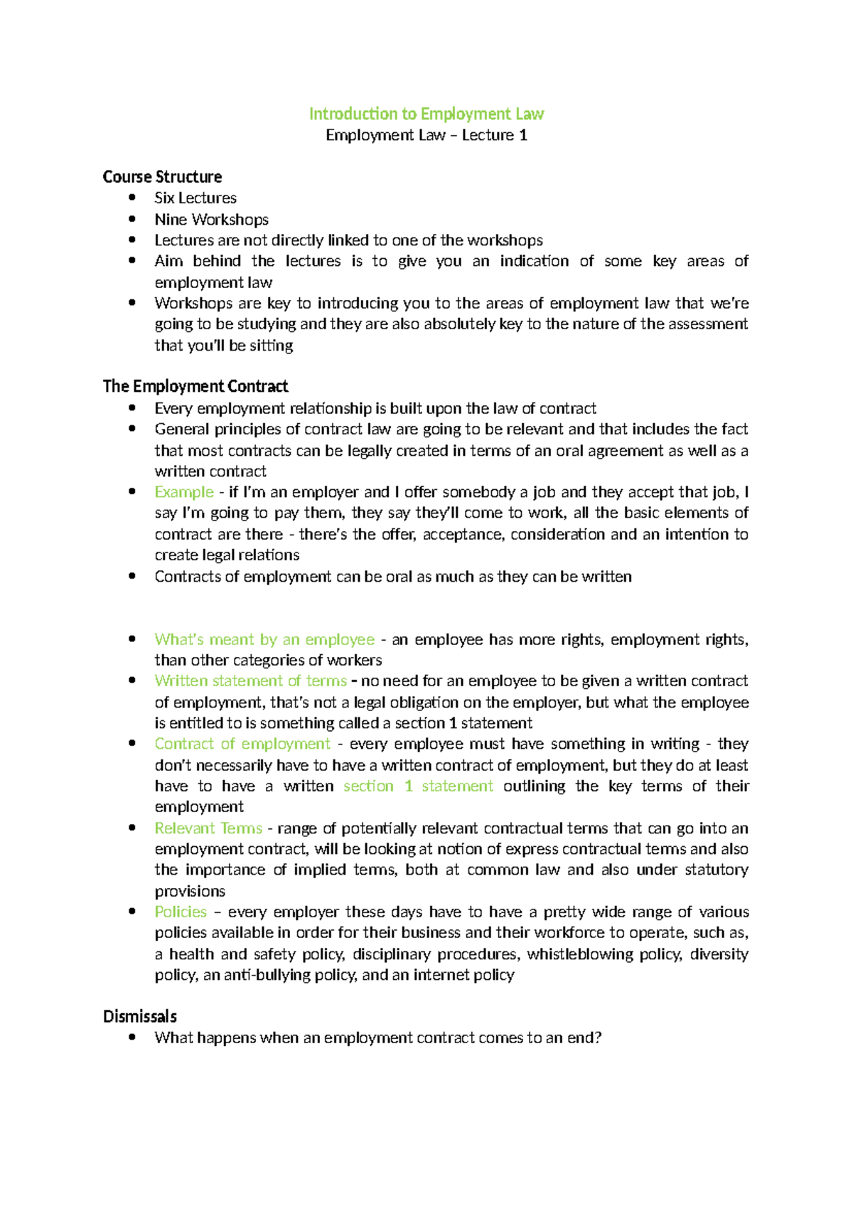 Employment Law Lecture 1: Course Structure & Key Concepts Overview ...