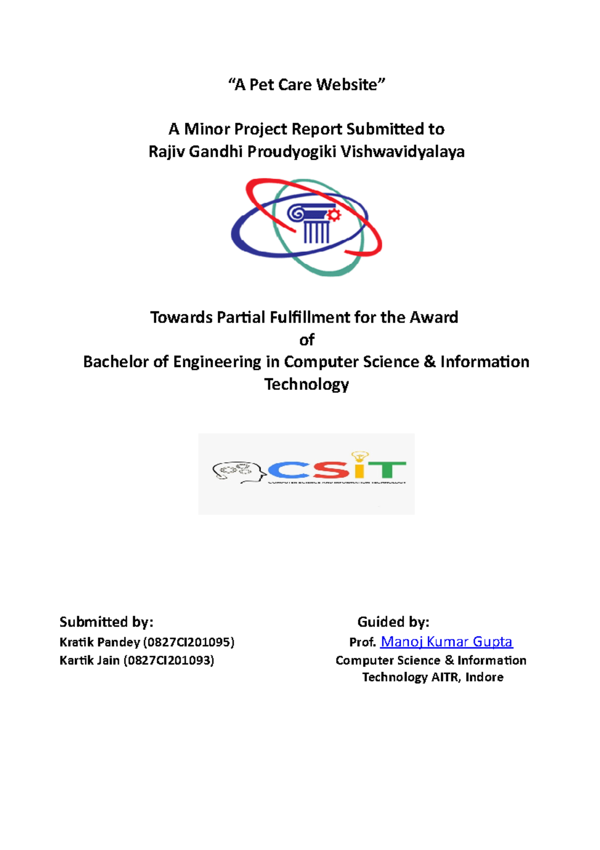 Minor project report format - “A Pet Care Website” A Minor Project ...