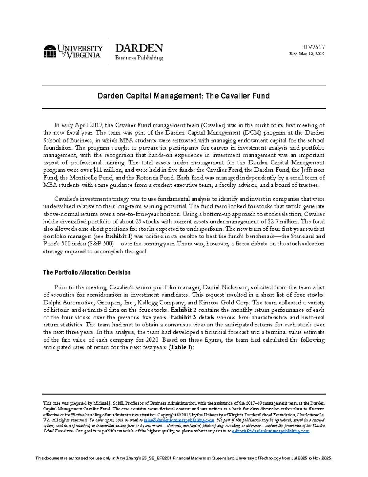 Darden Capital Management Case Study: The Cavalier Fund (UV7617) - Studocu