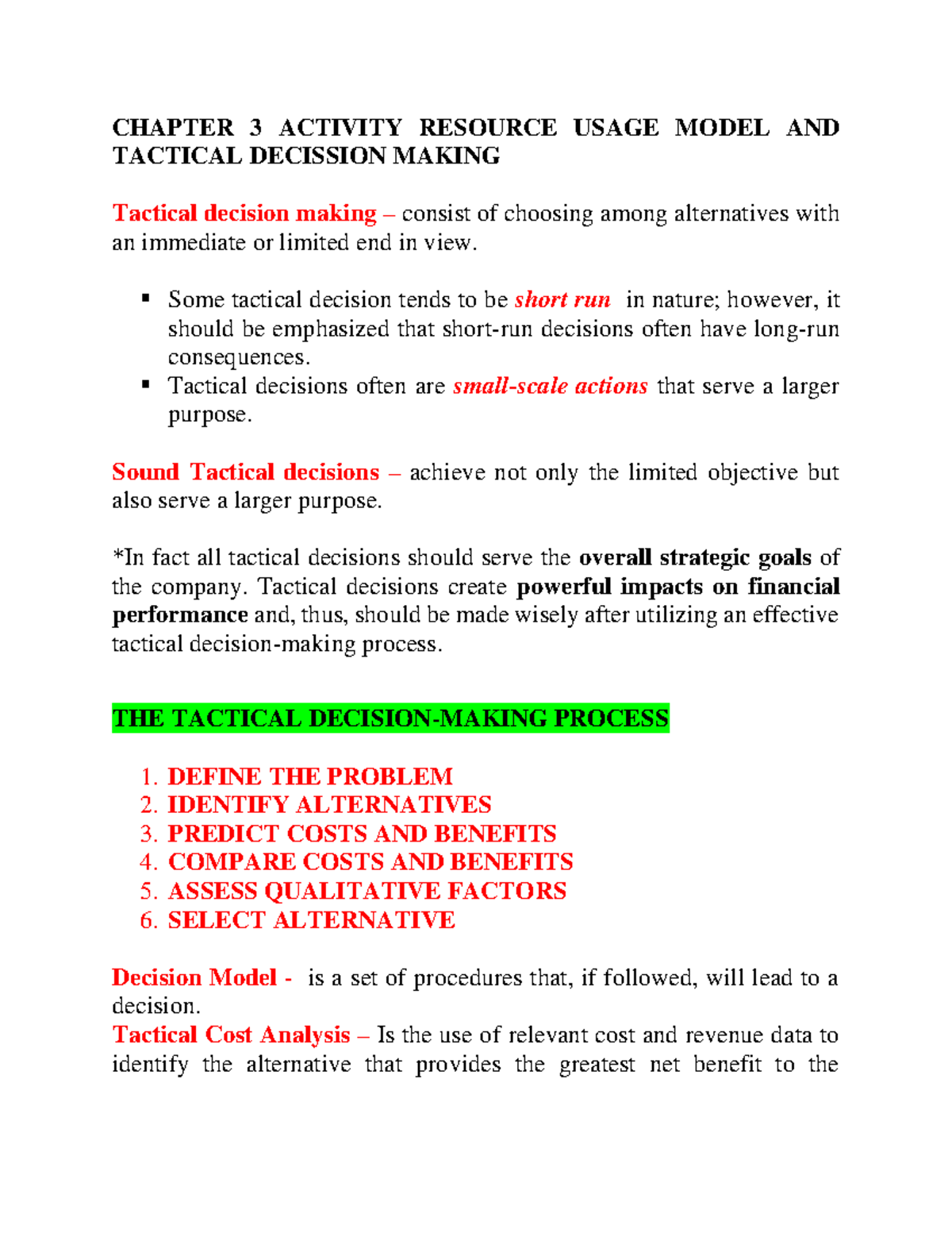 Chapter 3: Tactical Decision Making & Activity Resource Usage Model ...