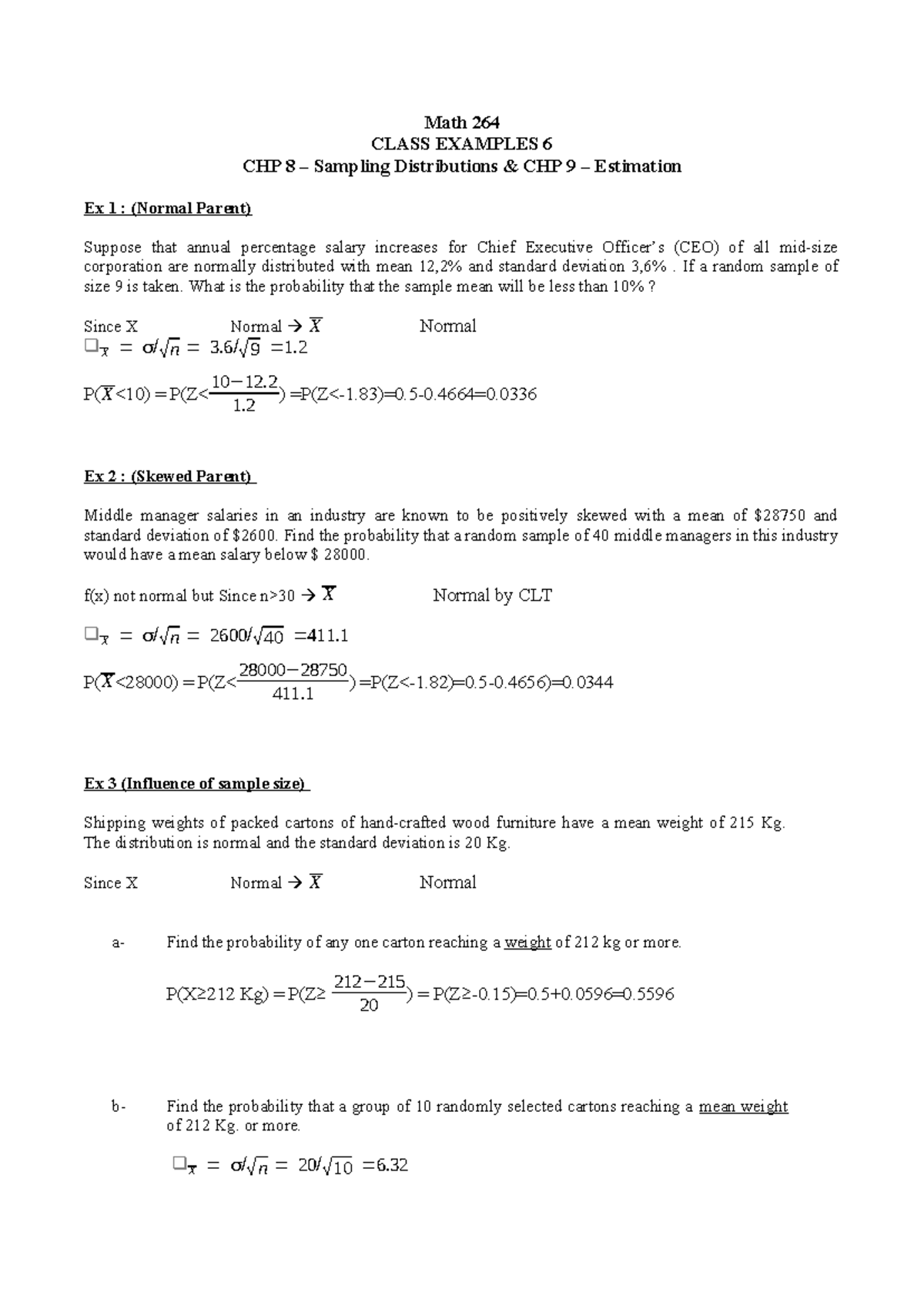 Math 264 Final Exam Solutions: Sampling Distributions & Estimation ...