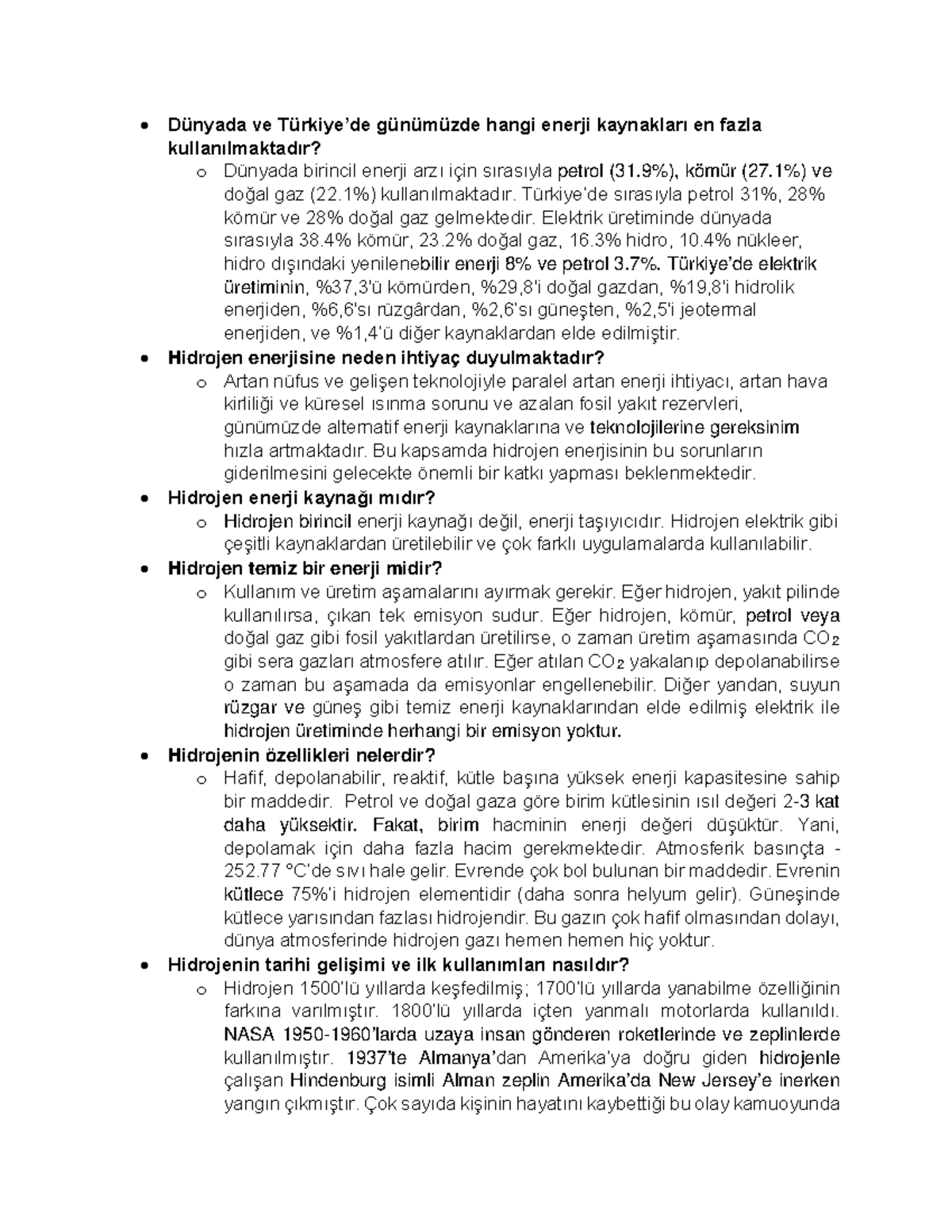 Hidrojene Dair Soru-Cevaplar: Enerji Kaynakları ve Geleceği - Studocu