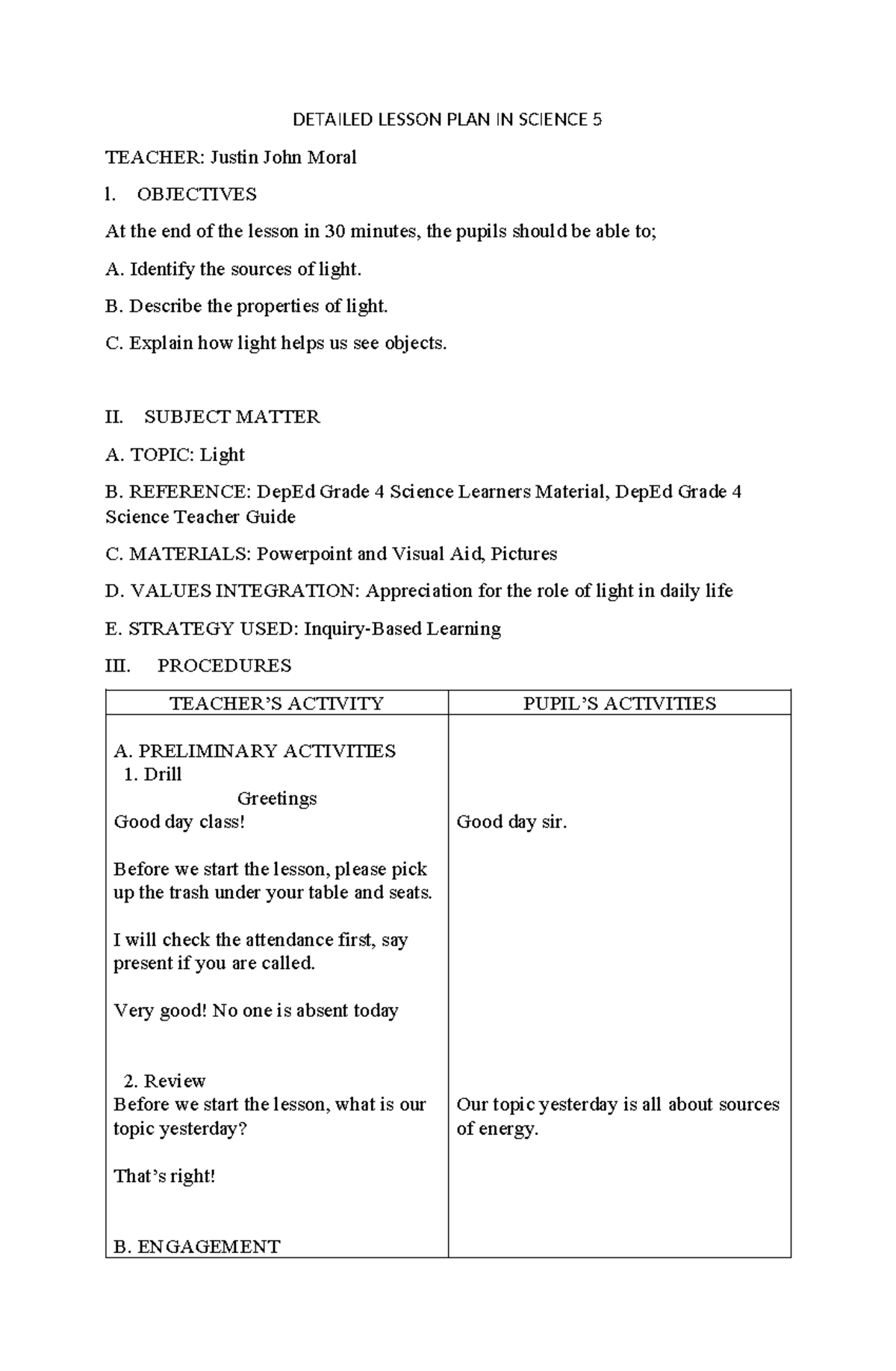 Detailed Lesson Plan in Science 4: Understanding Light Properties - Studocu