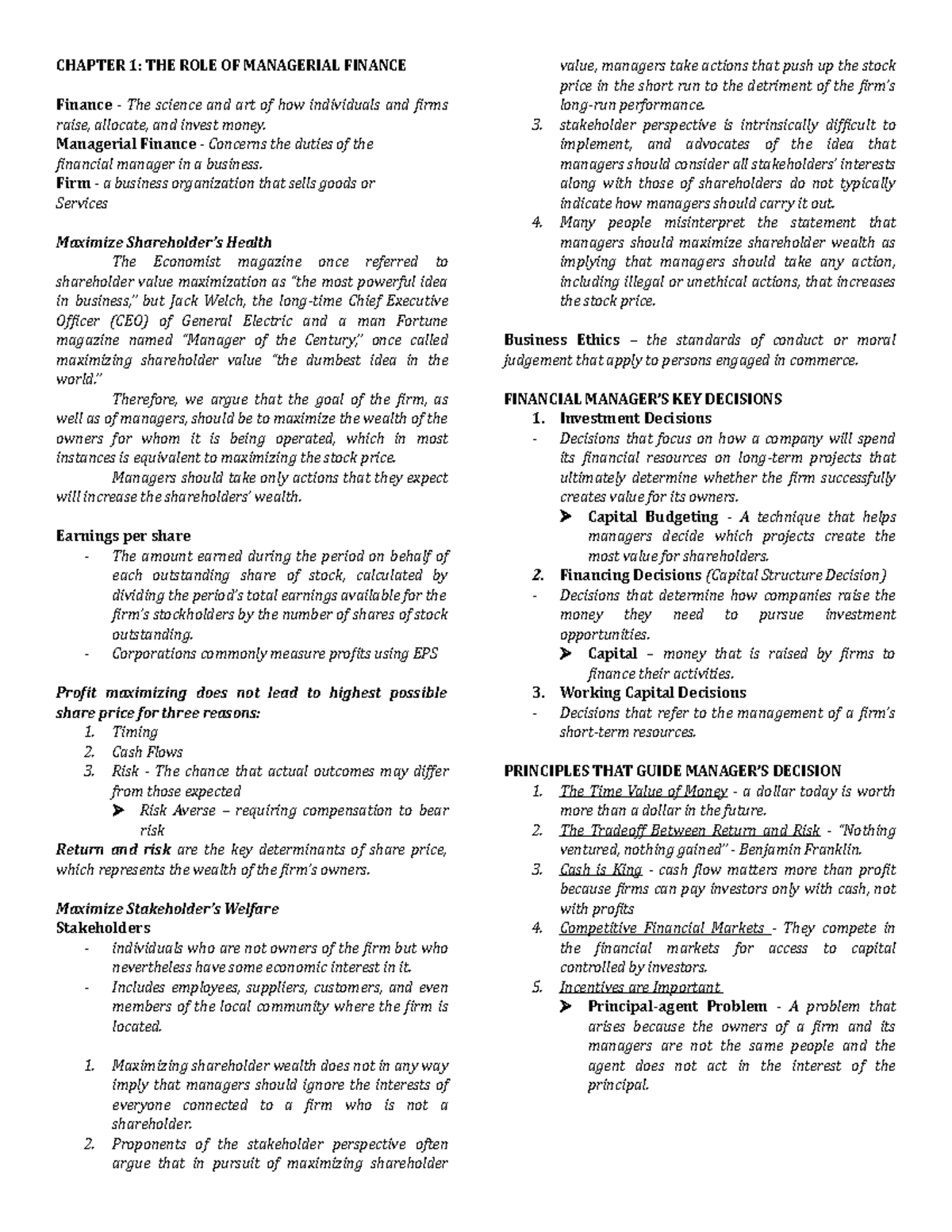 Chapter 1 - Intro to Managerial Finance Principles and Concepts - Studocu