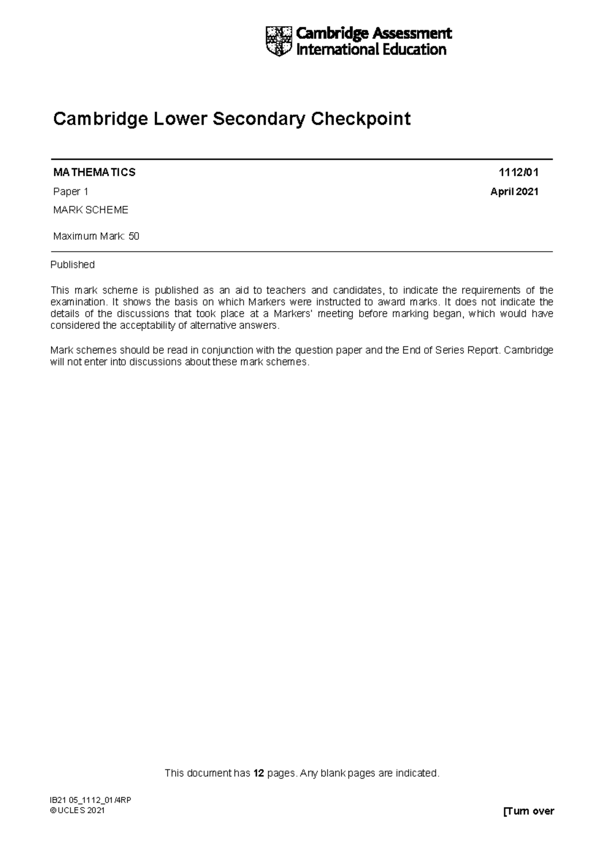 Cambridge Lower Secondary Checkpoint Mathematics 1112-P01 Mark Scheme ...