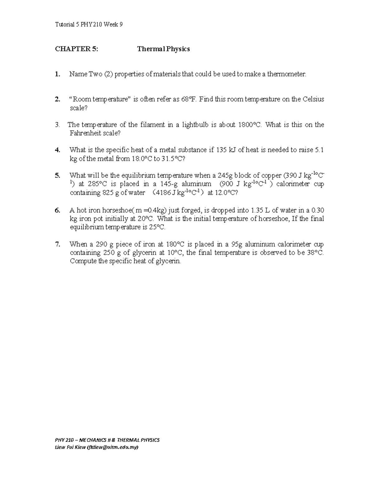 Tutorial 5 PHY210: Chapter 5 - Thermal Physics Questions and Concepts - Studocu