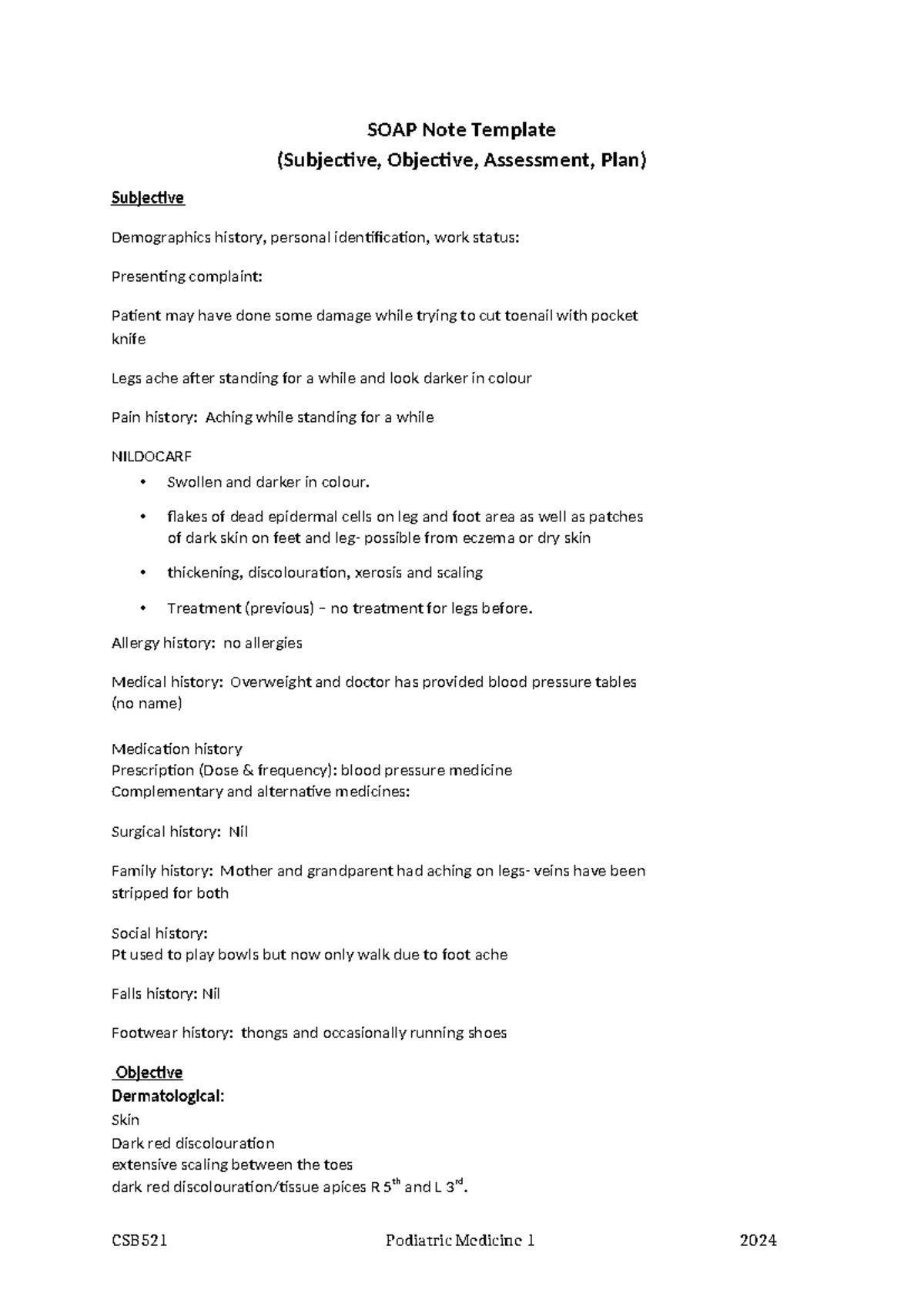 SOAP Note Template for CSB521 Podiatric Medicine 1 (2024) - Studocu