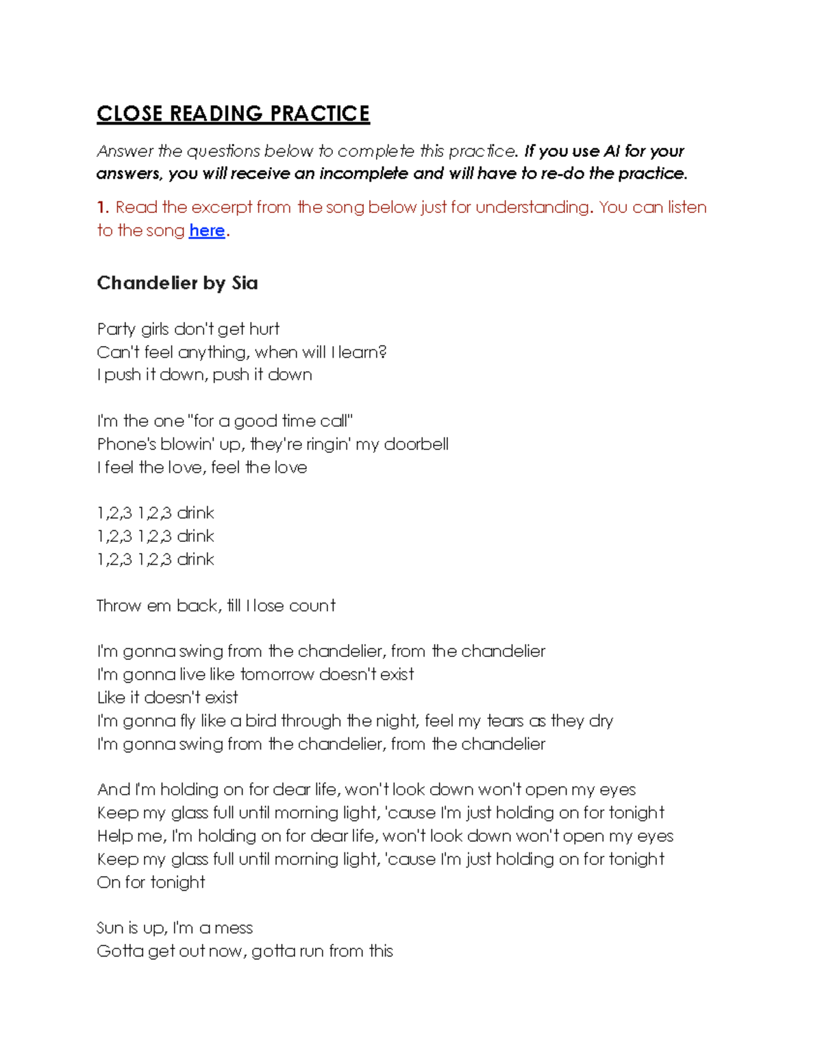DLA1 - Close Reading Practice: Analyzing "Chandelier" by Sia - Studocu