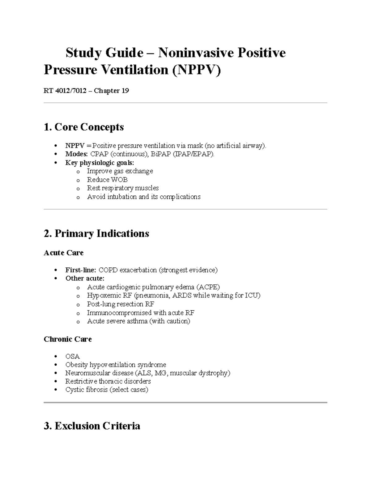 Study Guide RT Chapter 19: Noninvasive Positive Pressure Ventilation ...