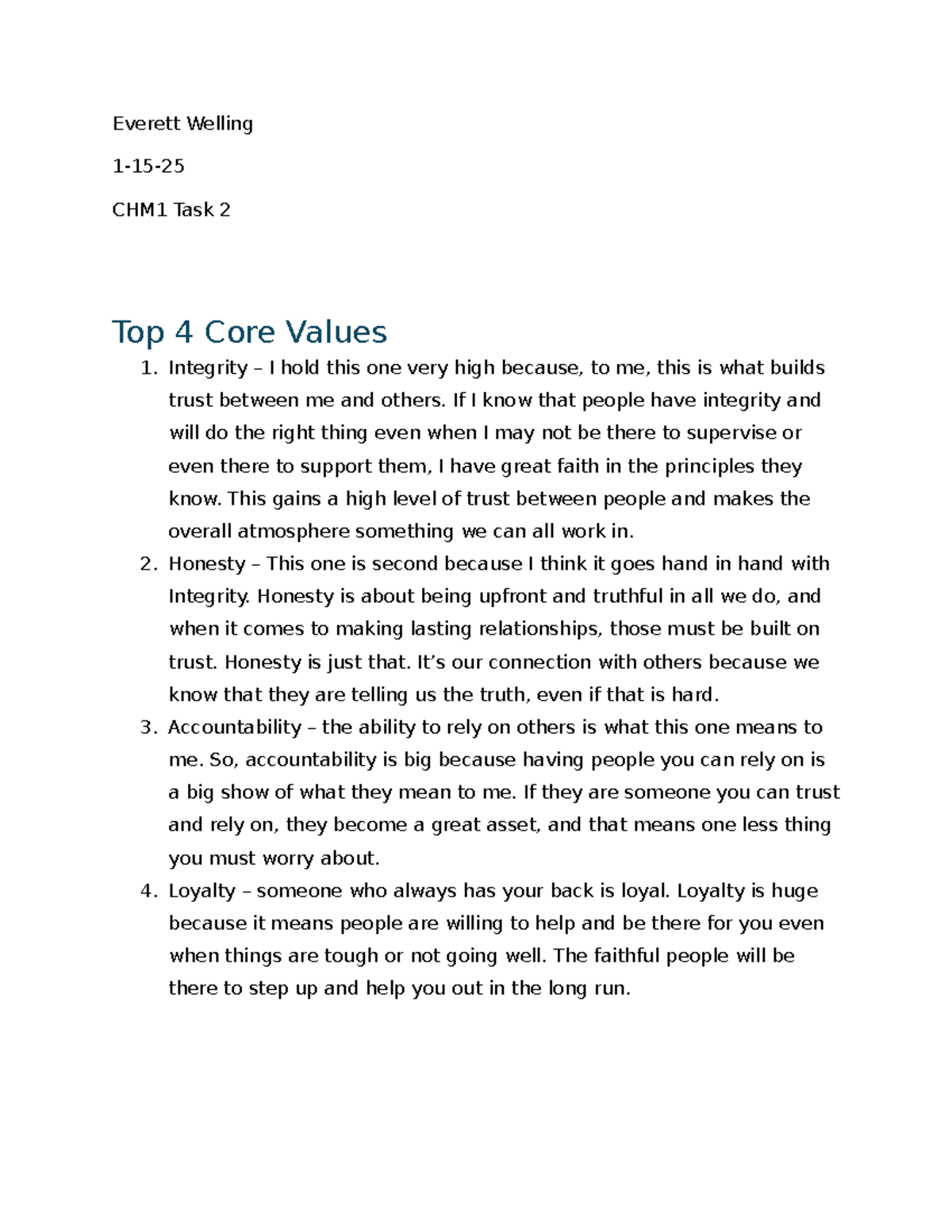 CHM1 Task 2 - Core Values and Cultural Intelligence Analysis - Studocu