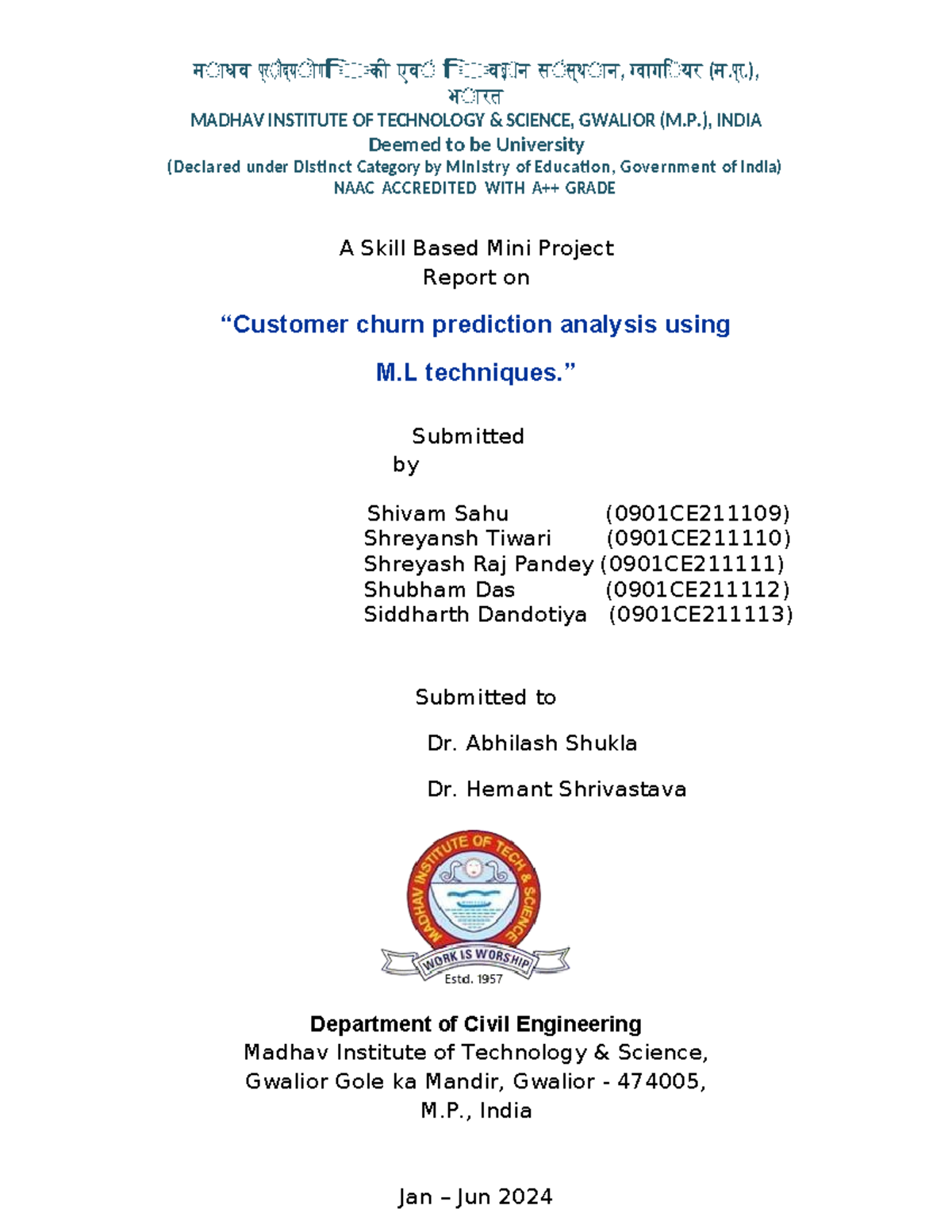 Churn Prediction Analysis Using M.L: Mini Project Report - AIML MDSKNMW ...