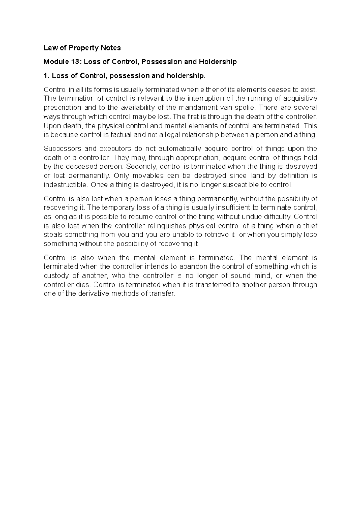 Property Module 13: Loss of Control & Possession Notes - Studocu