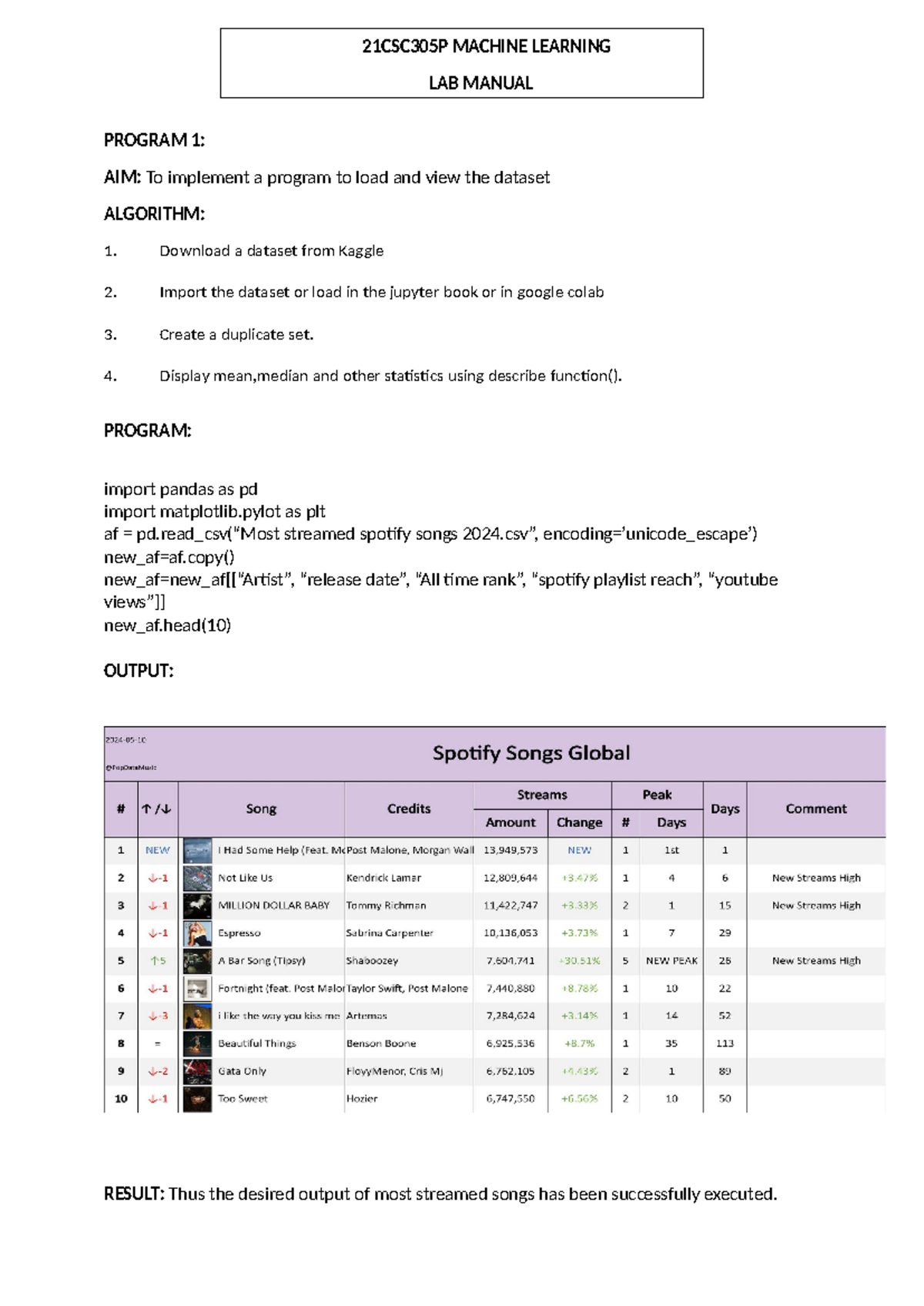 MACHINE LEARNING LAB MANUAL 21CSC305P: PROGRAMS & ALGORITHMS - Studocu
