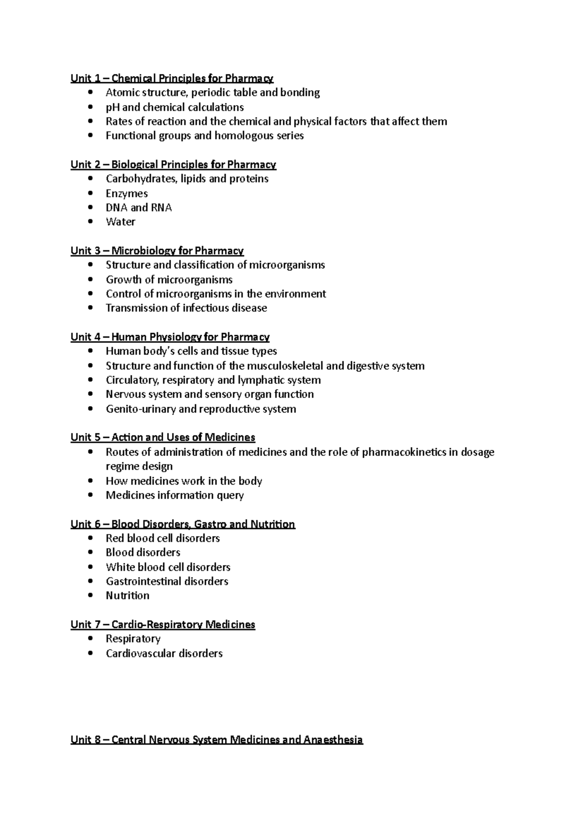 Pharmacy Course Outline: Unit Breakdown for BTEC Level 3 - Studocu