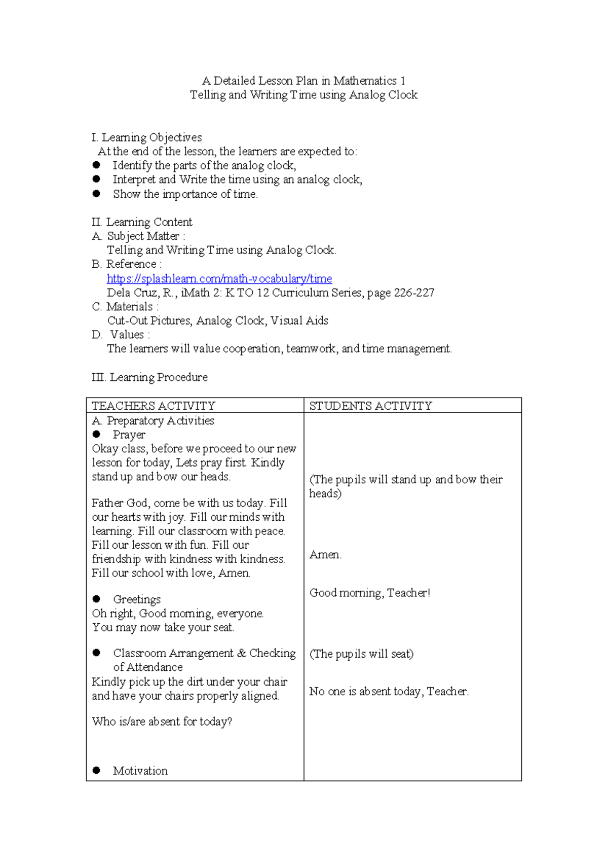 LESSON PLAN: Telling Time with Analog Clock in Math 1 - Studocu