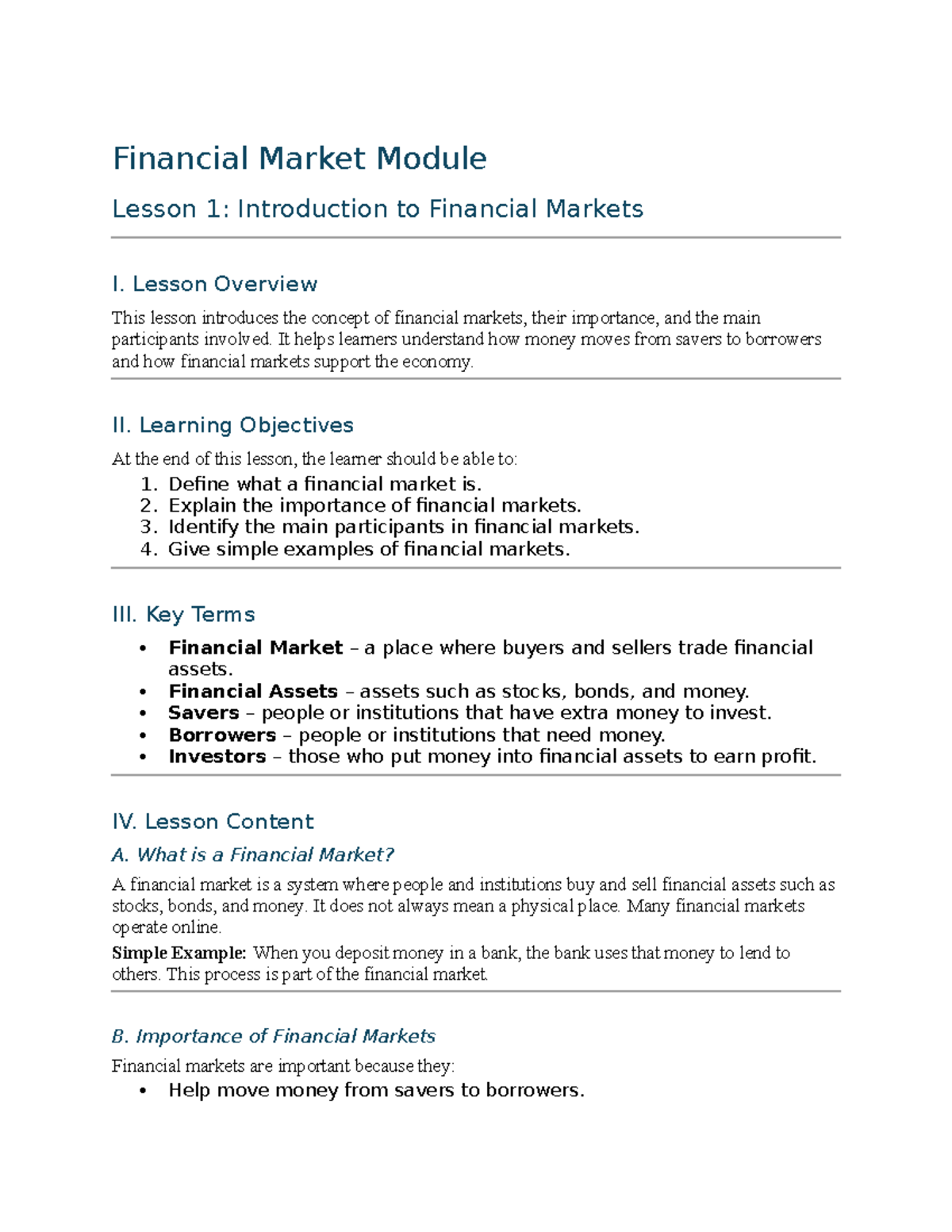 FM1 - Lesson 1: Intro to Financial Markets and Their Importance - Studocu