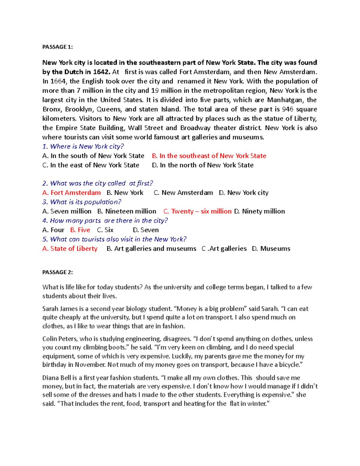 Reading - PASSAGE 1: New York city is located in the southeastern part ...