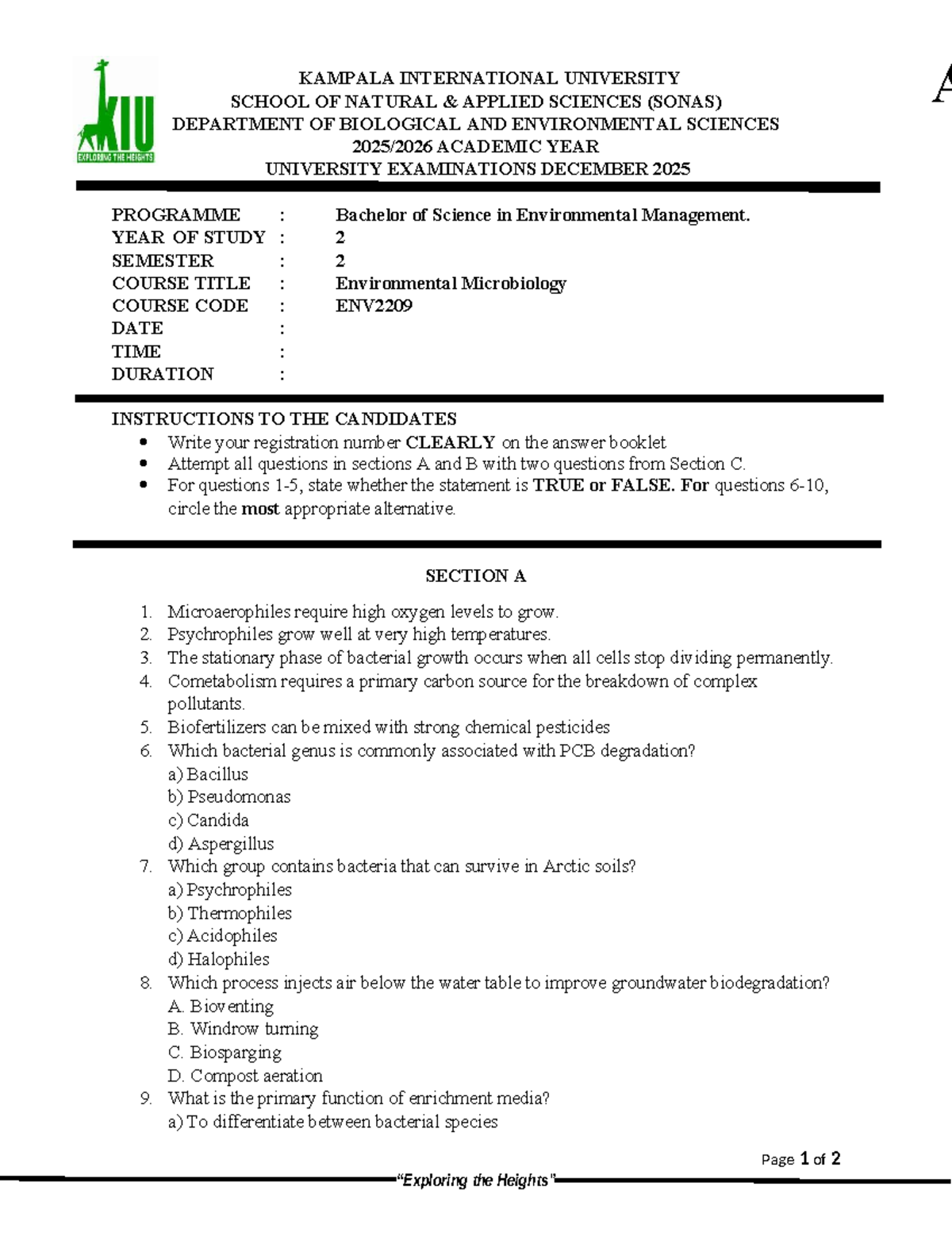 ENV2209 - Environmental Microbiology Exam Paper - Dec 2025 - Studocu