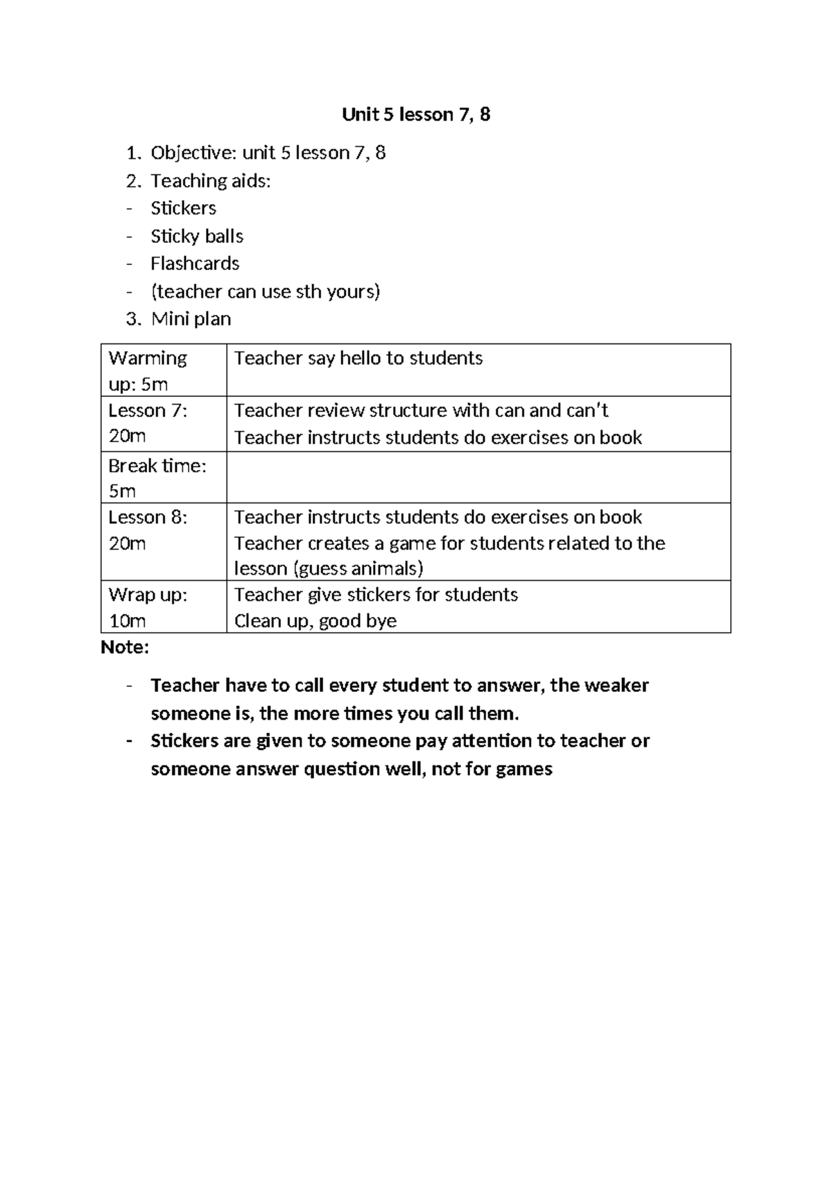 Unit 5 Lesson Plan for Lessons 7 & 8: Engaging Activities - Studocu
