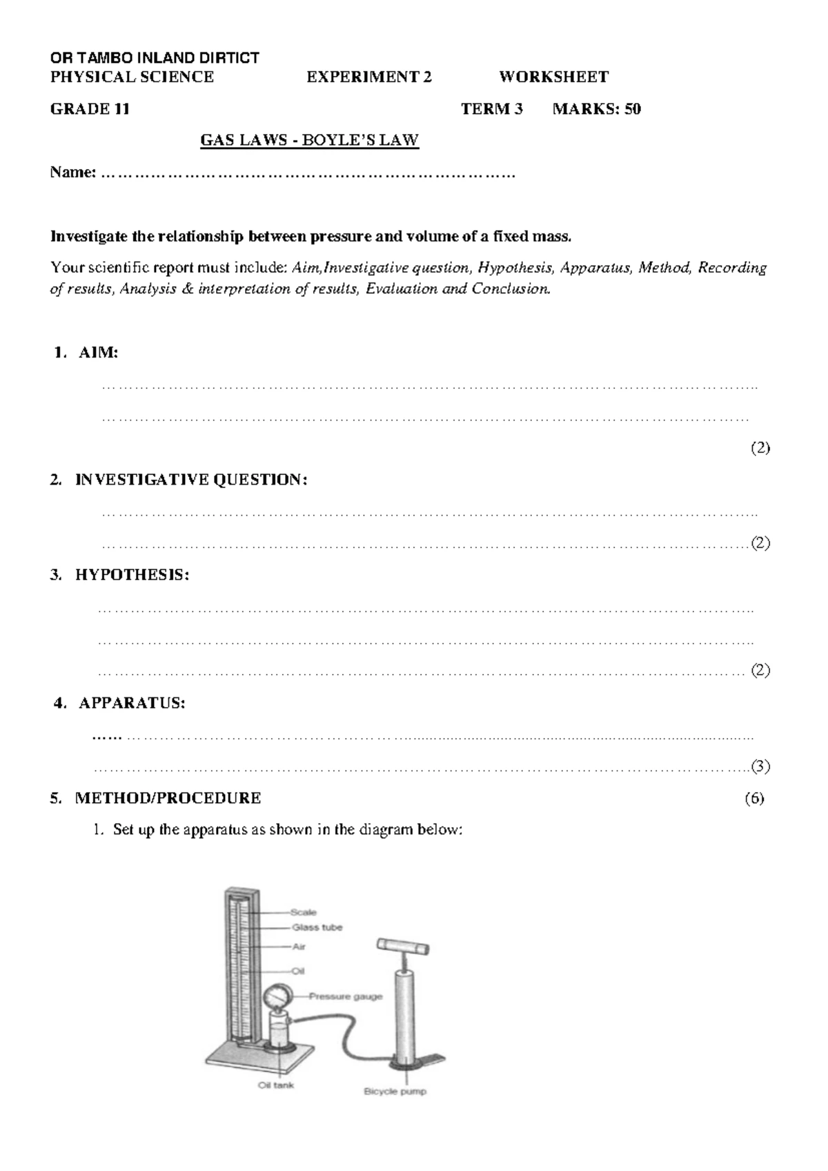 Grade 11 EXPT 2 TERM 3 - Boyle'S LAW - PHYSICAL SCIENCE EXPERIMENT 2 ...