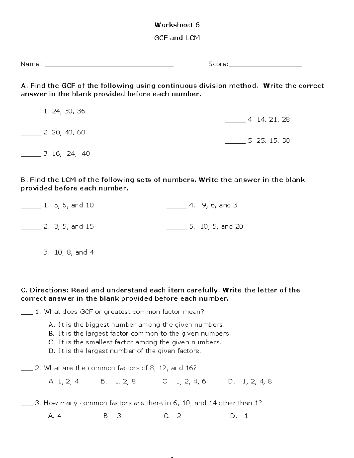 GCF and LCM Worksheet 6 Activities and Exercises - Studocu