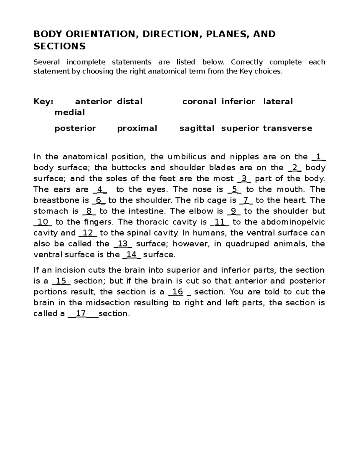 Anaphy Lab SW 1 - Body Orientation & Organ Systems Seat Work - Studocu