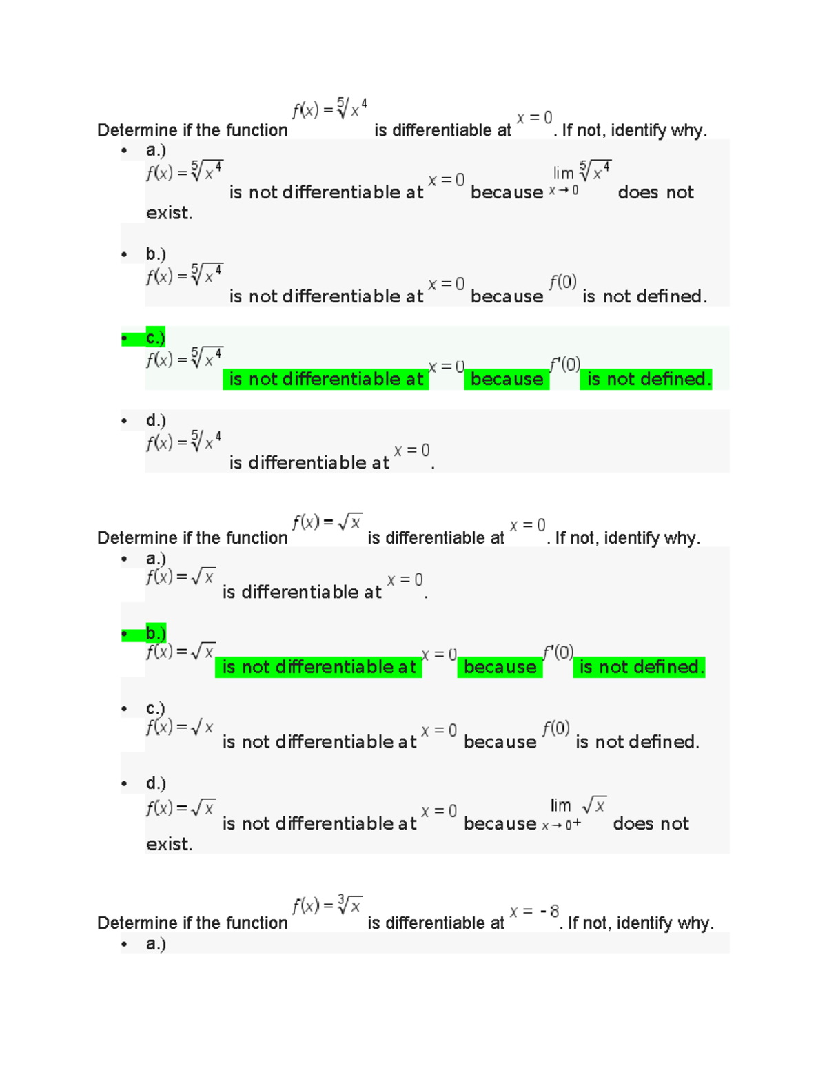 Sophia Calculus Unit-3 Challenge 3_2 - Determine if the function is differentiable at. If not ...