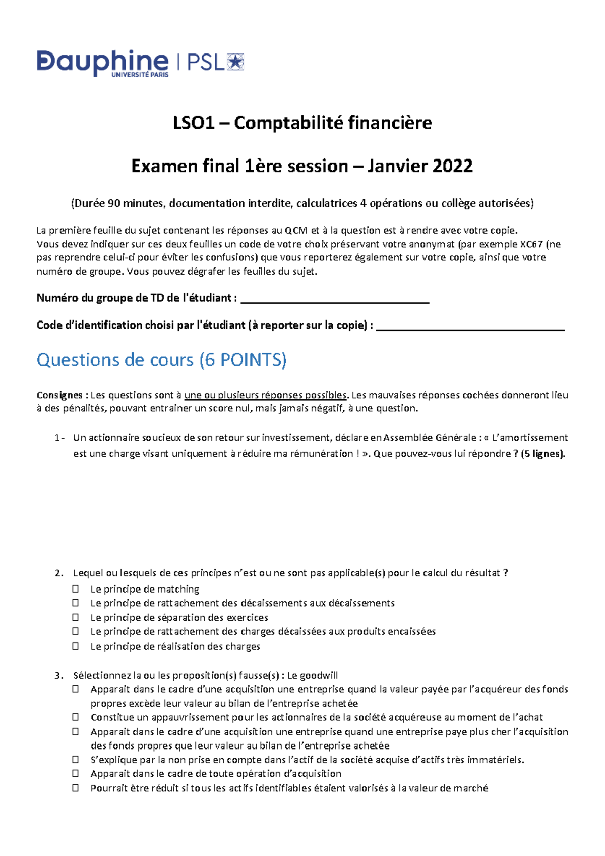 LSO1 Comptabilité financière Examen final 1ère session Janv 2022 - Studocu