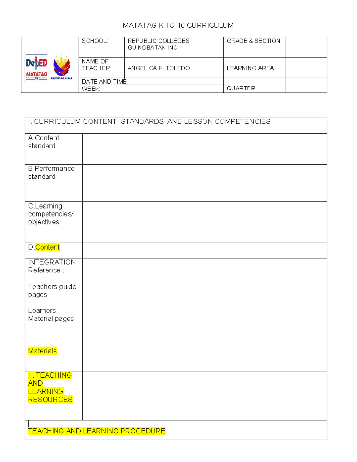 Matatag K to 10 Lesson Plan Format for Quarter I - Studocu