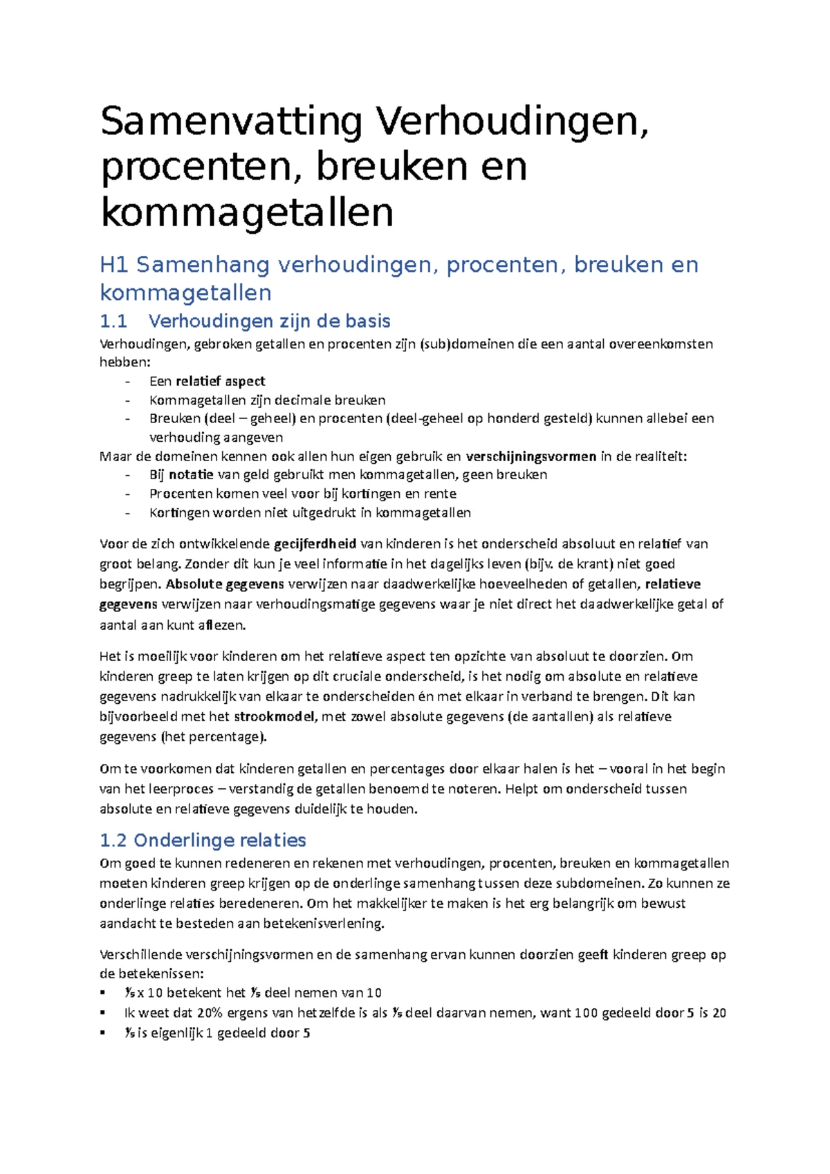 Verhoudingen, procenten, breuken en kommagetallen - 1 Overeenkomsten en ...