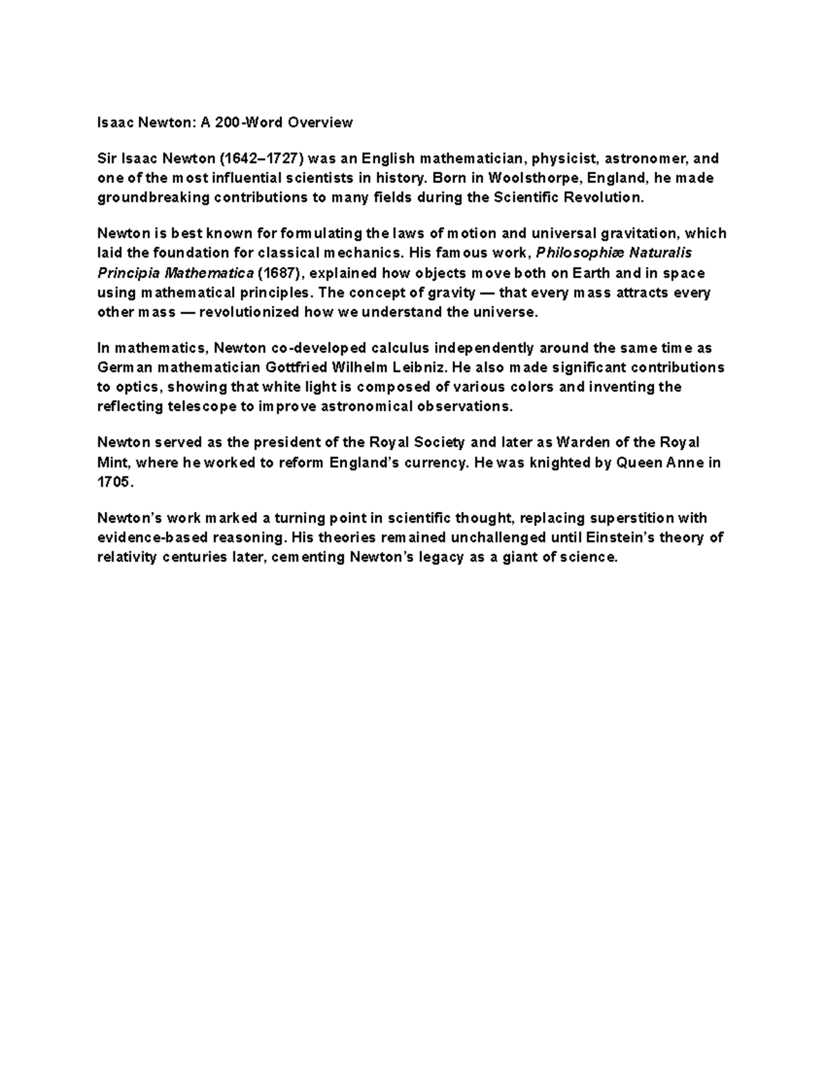 Isaac Newton: A 200-Word Overview of His Contributions - Studocu