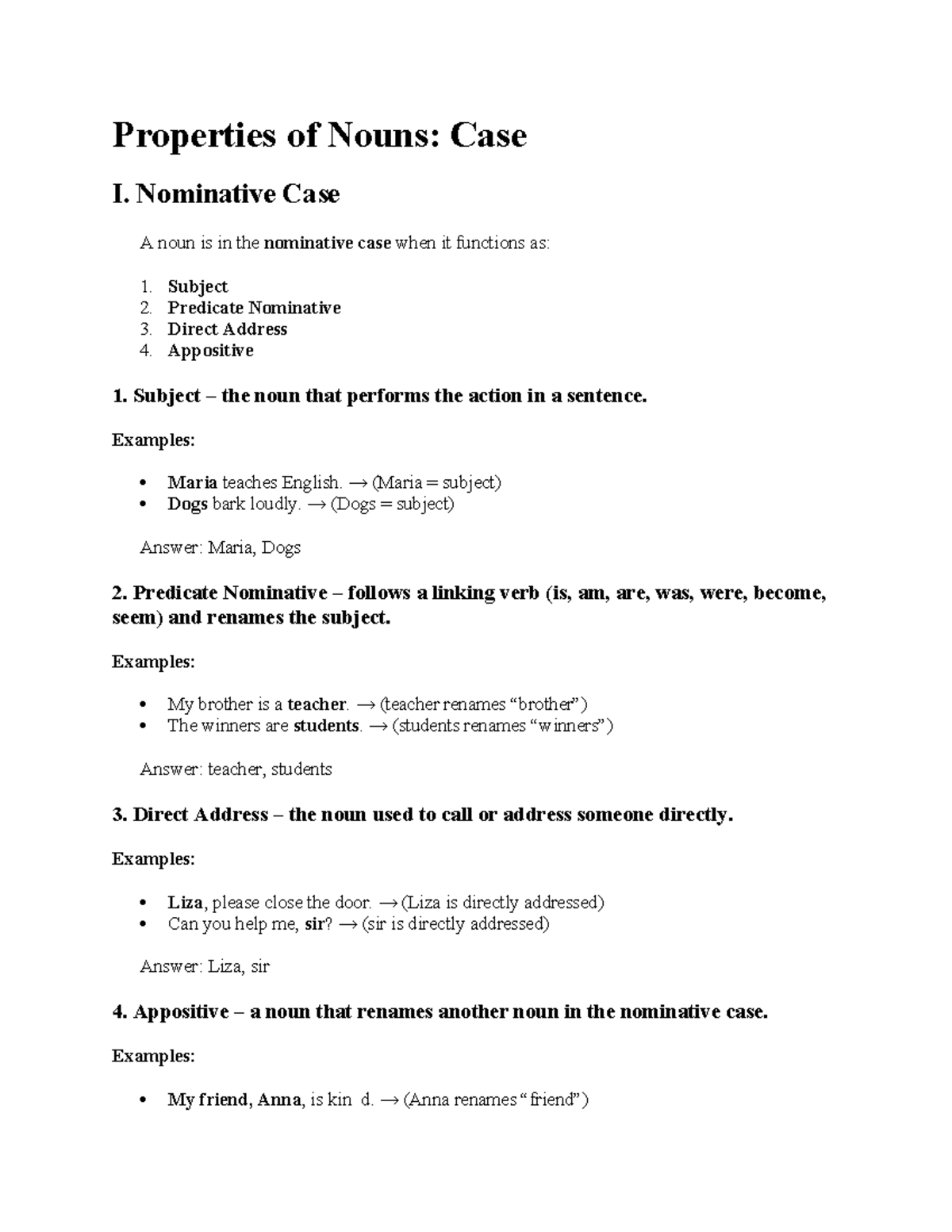 Properties of Nouns: Nominative & Objective Cases (ENG 101) - Studocu