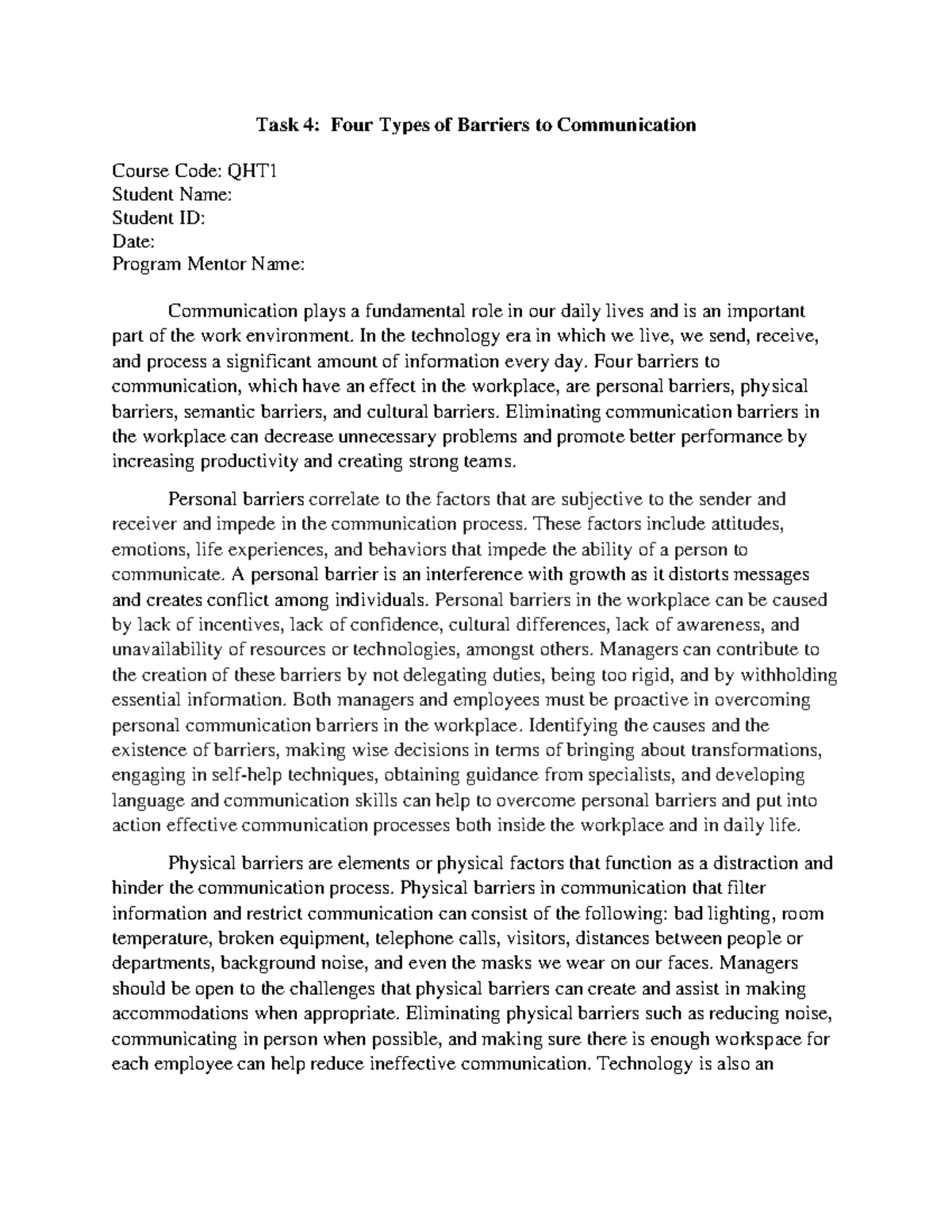 QHT-Task 4: Understanding Four Key Barriers to Communication - Studocu