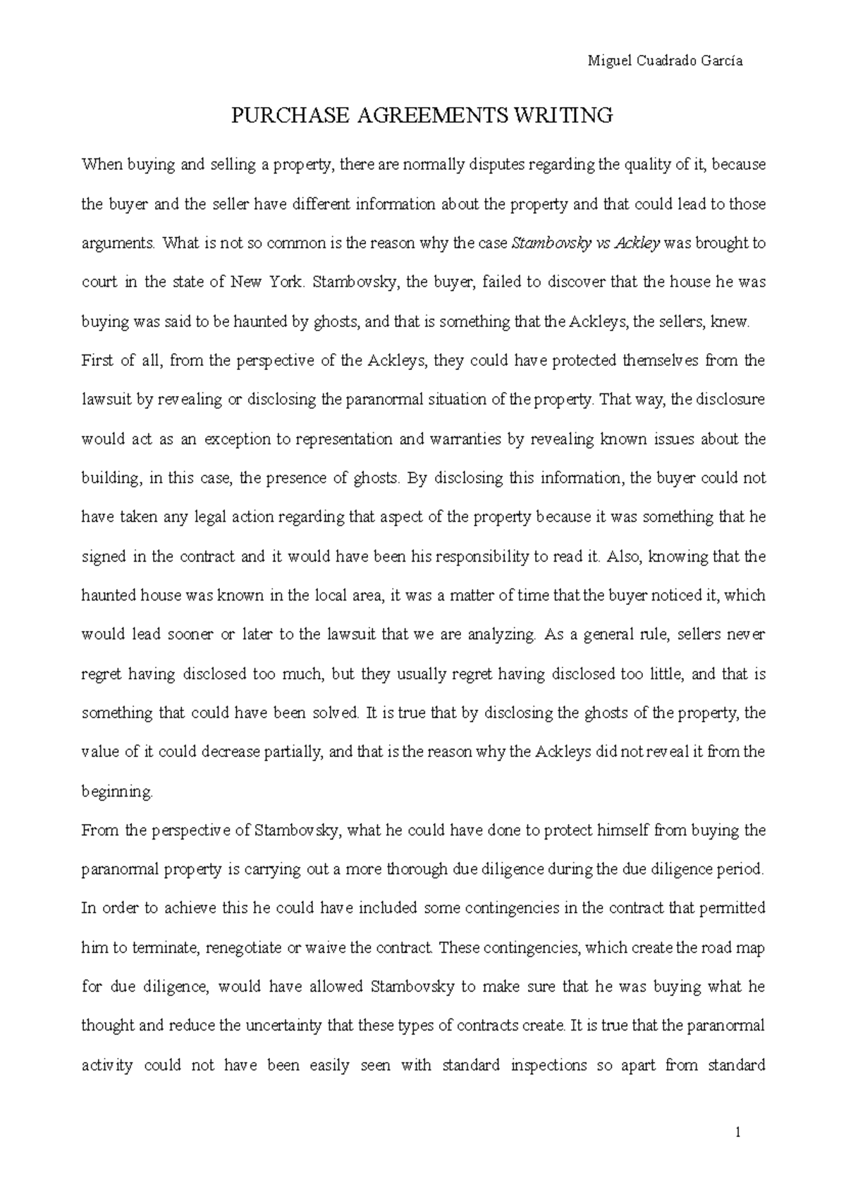 Purchase Agreements Writing: Stambovsky vs Ackley Case Analysis - Studocu